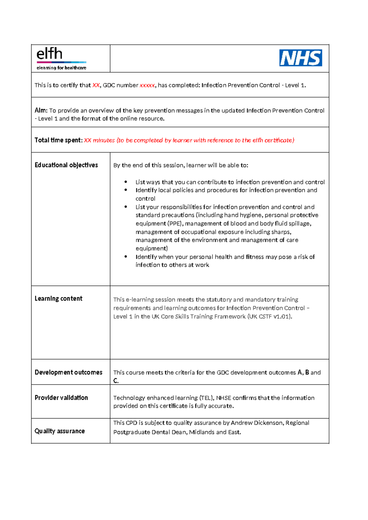 Infection Prevention Control level 1 CPD Form - This is to certify that ...