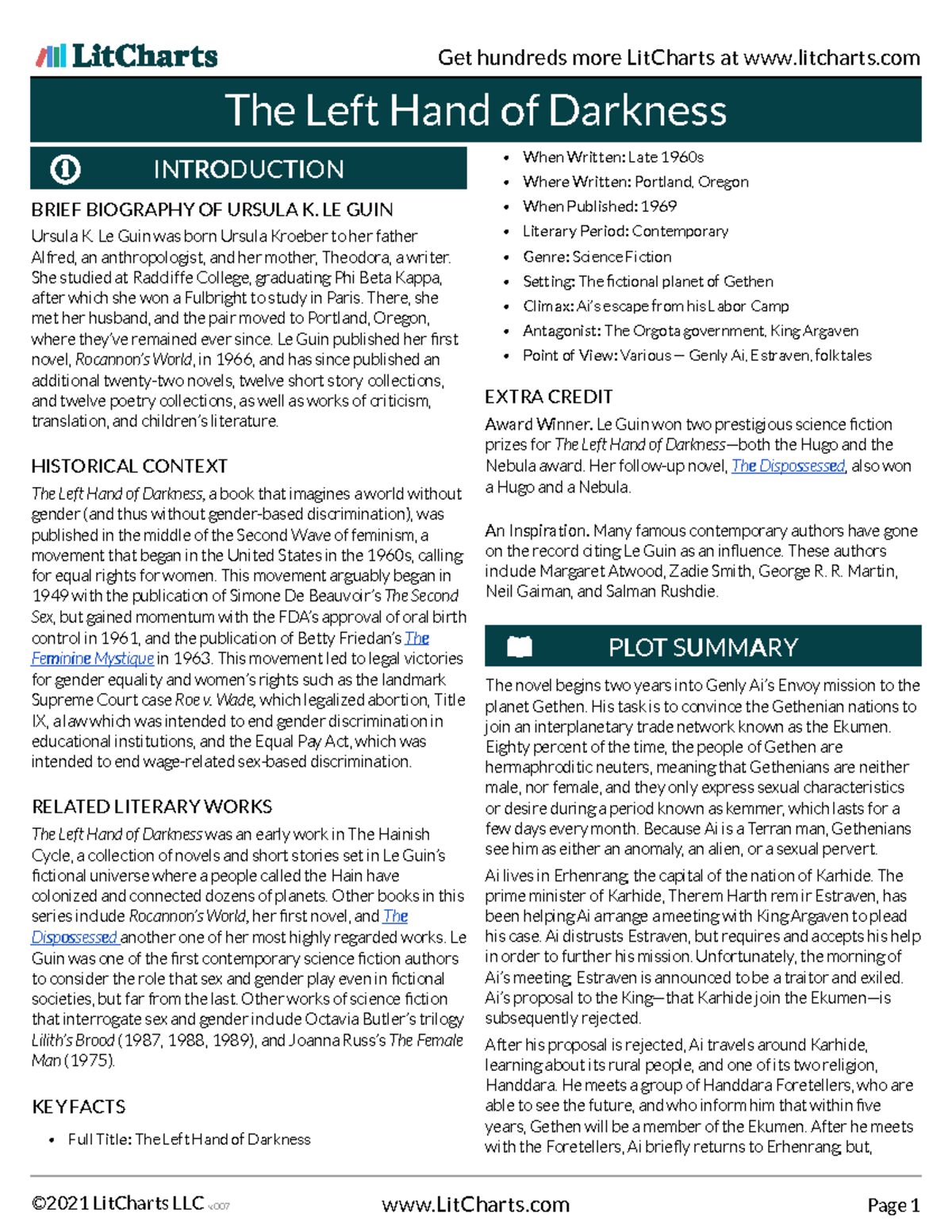 The Left Hand of Darkness Lit Chart - The Left Hand of Darkness BRIEF ...