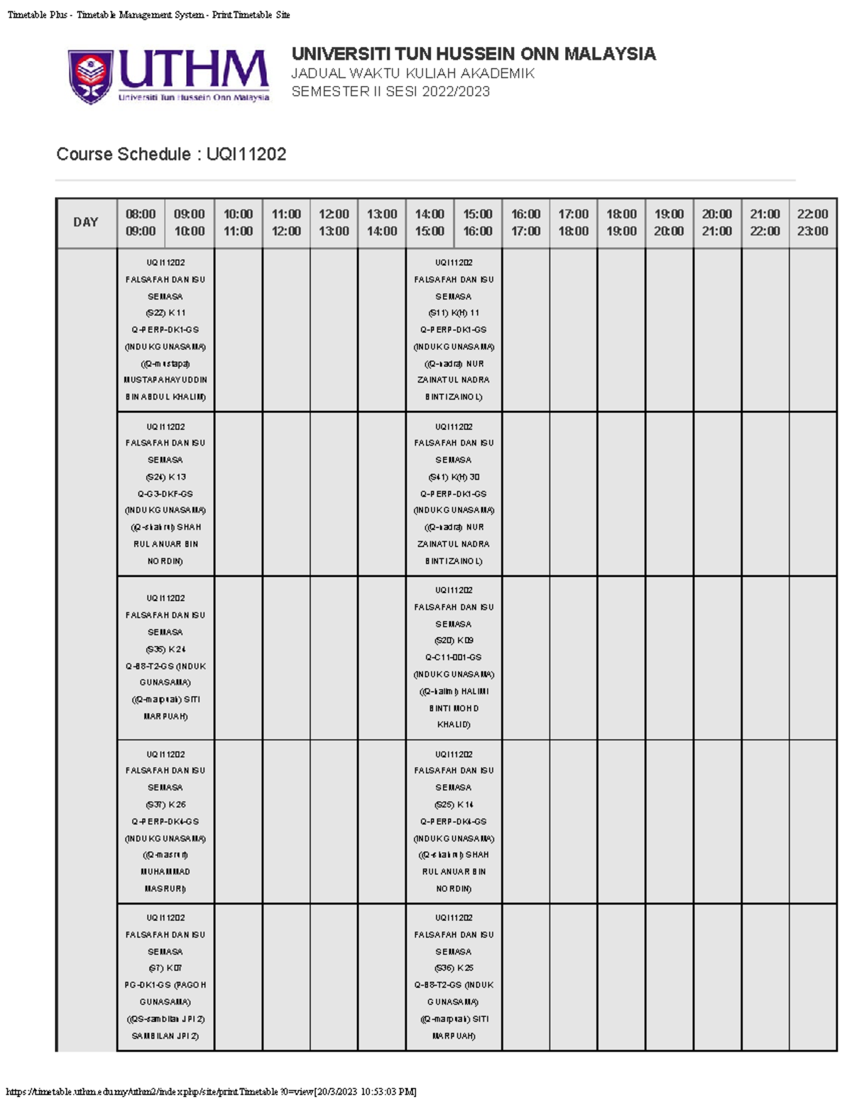 Timetable Plus - Timetable Management System - Print Timetable Site 2 ...