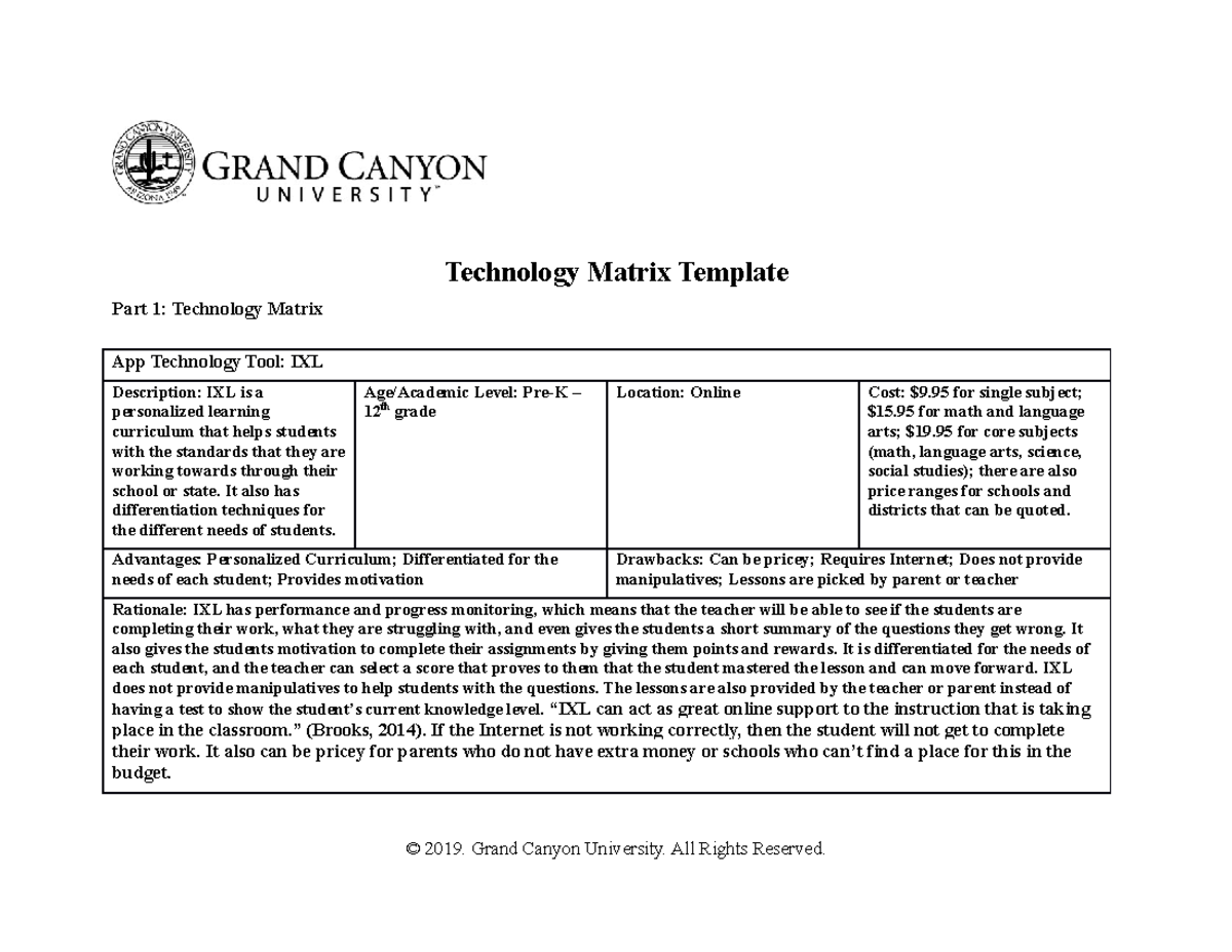 Technology Matrix and At-Home Activity - Technology Matrix Template ...