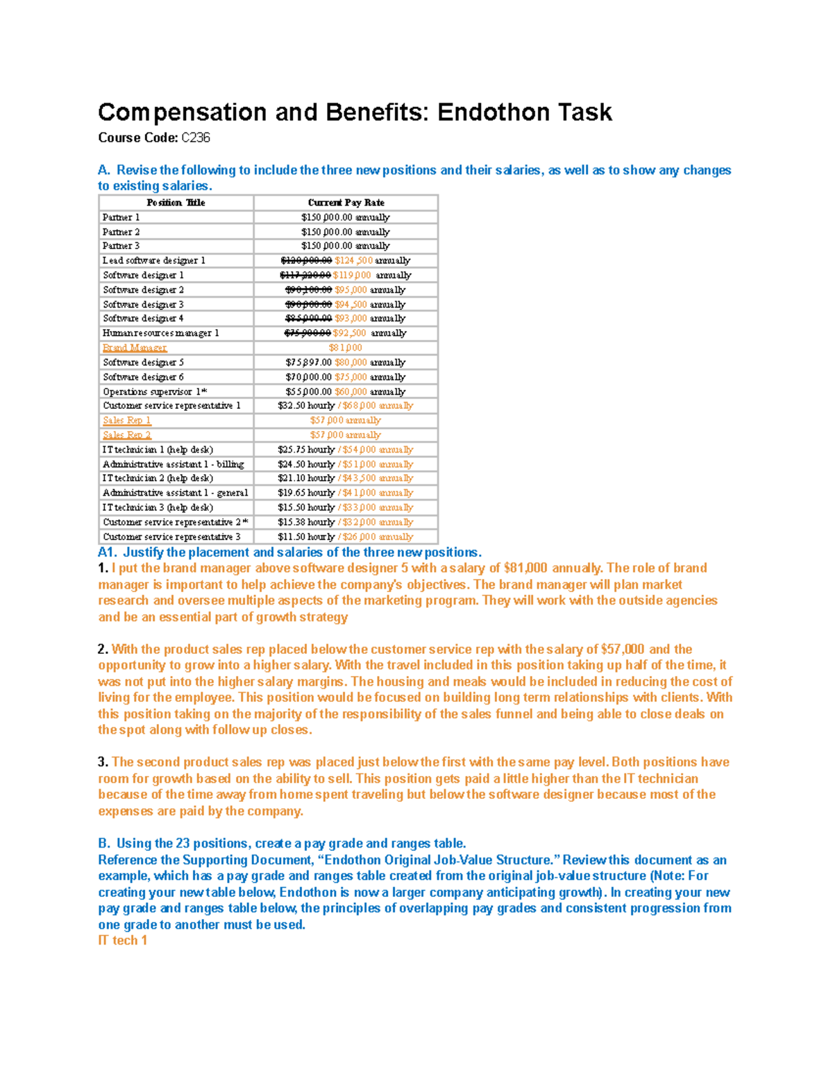 Compensation and Benefits Endothon Task - Revise the following to ...