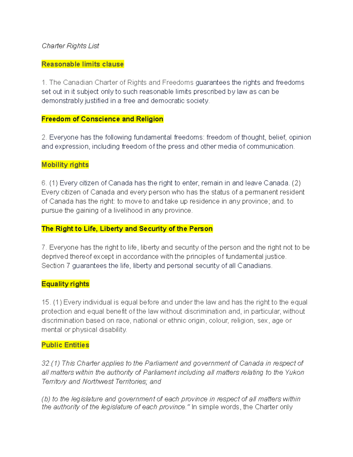Charter Sections - Final Notes - Charter Rights List Reasonable limits ...