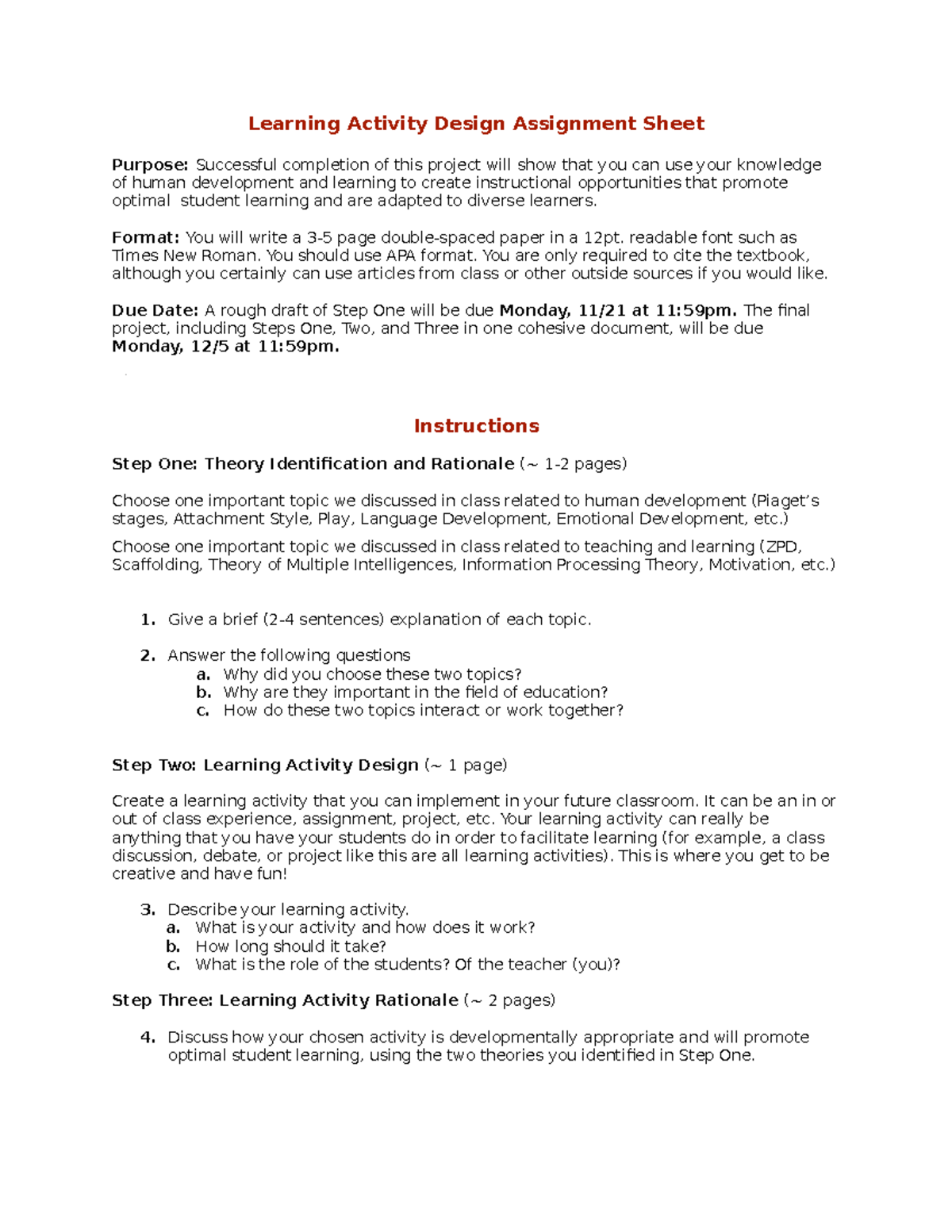 Learning Activity Design Assignment Sheet - Format: You Will Write A 3