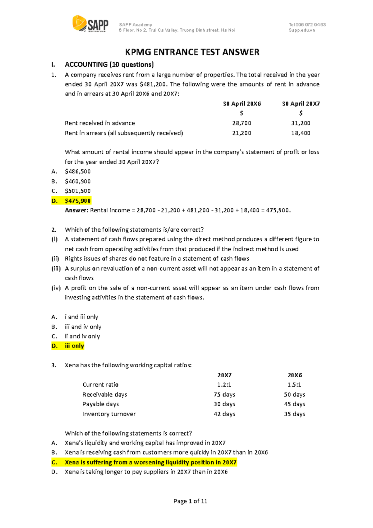 SAPP KPMG Entrance TEST Answer - 6 Floor, No 2, Trai Ca Valley, Truong ...