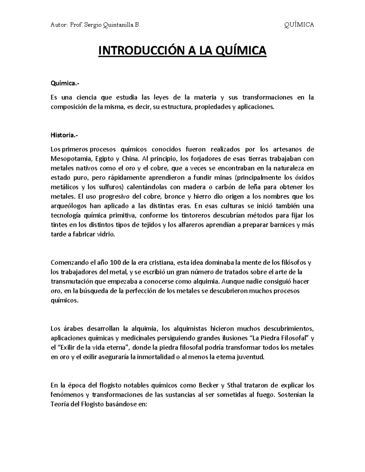 Introducción A LA Química - Autor: Prof. Sergio Quintanilla B. QUÍMICA ...