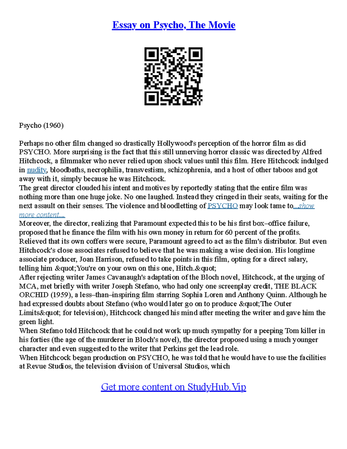 Psycho Essay Psycho Essay - Essay on Psycho, The Movie Psycho (1960 ...