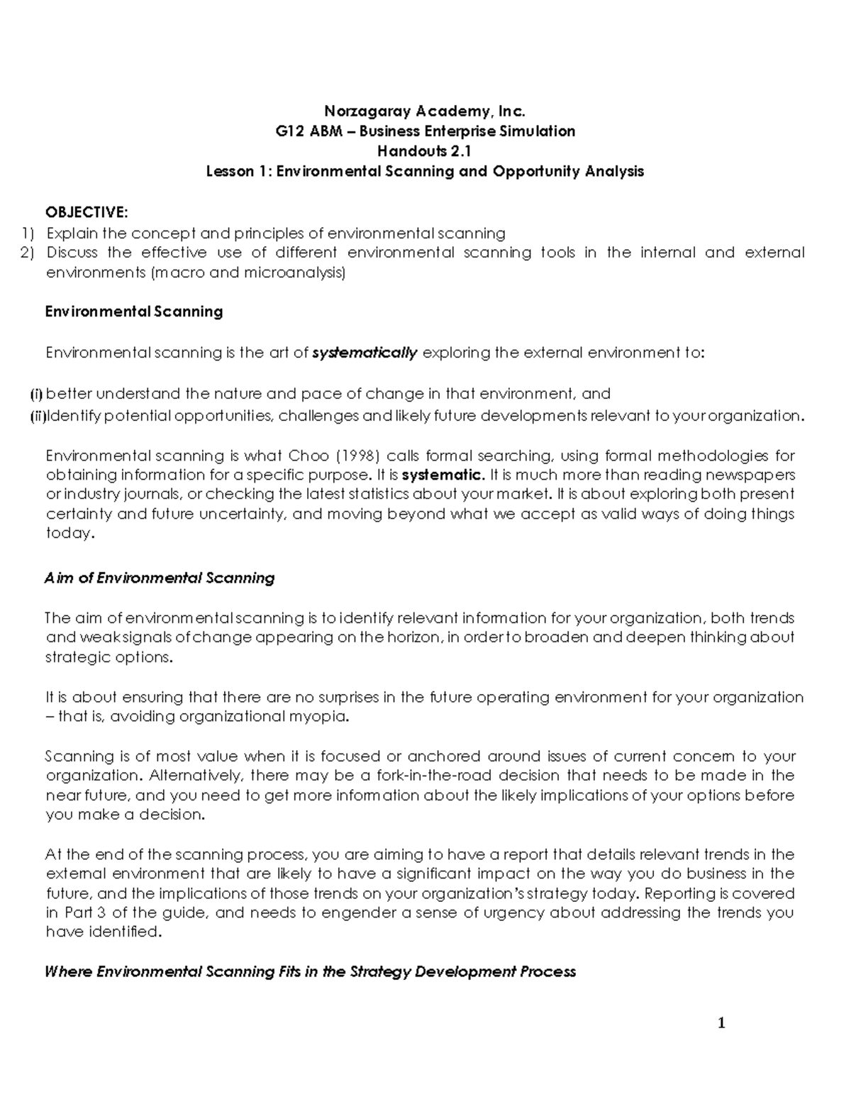 Business Enterprise Simulation Lesson 1 - Norzagaray Academy, Inc. G12 ...