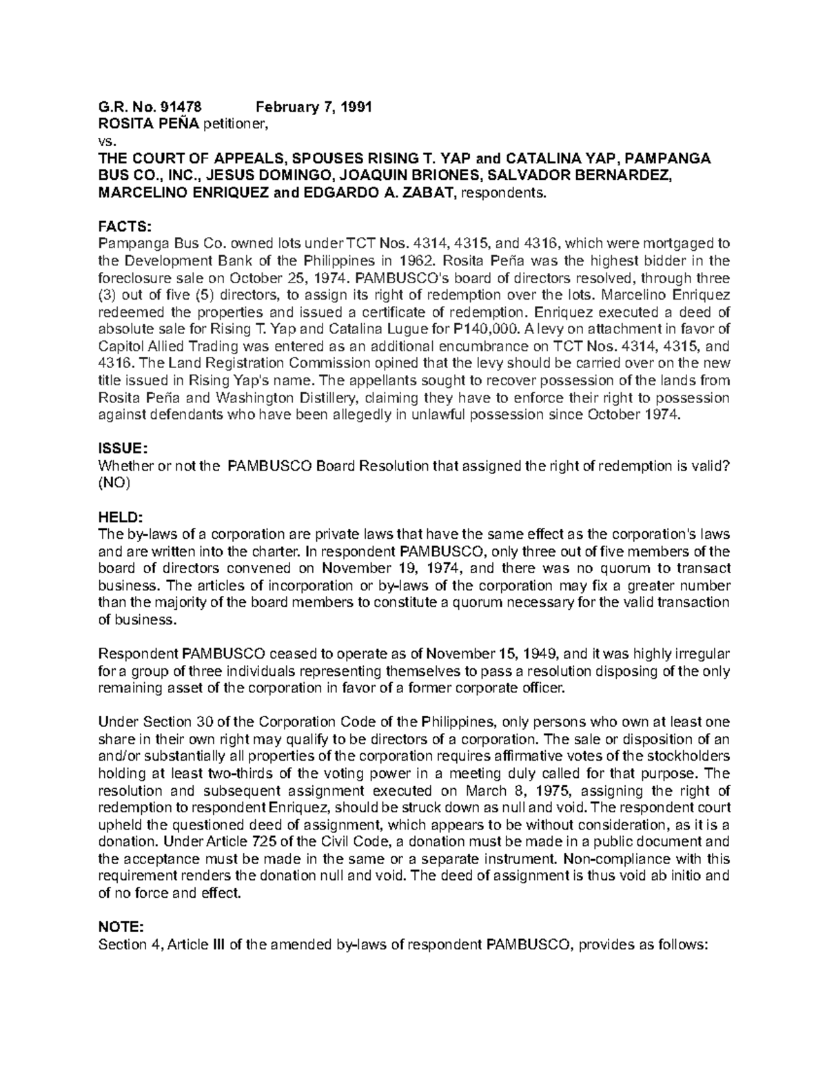 Pena vs. CA, 193 SCRA 7117 (1991) - G. No. 91478 February 7, 1991 ...