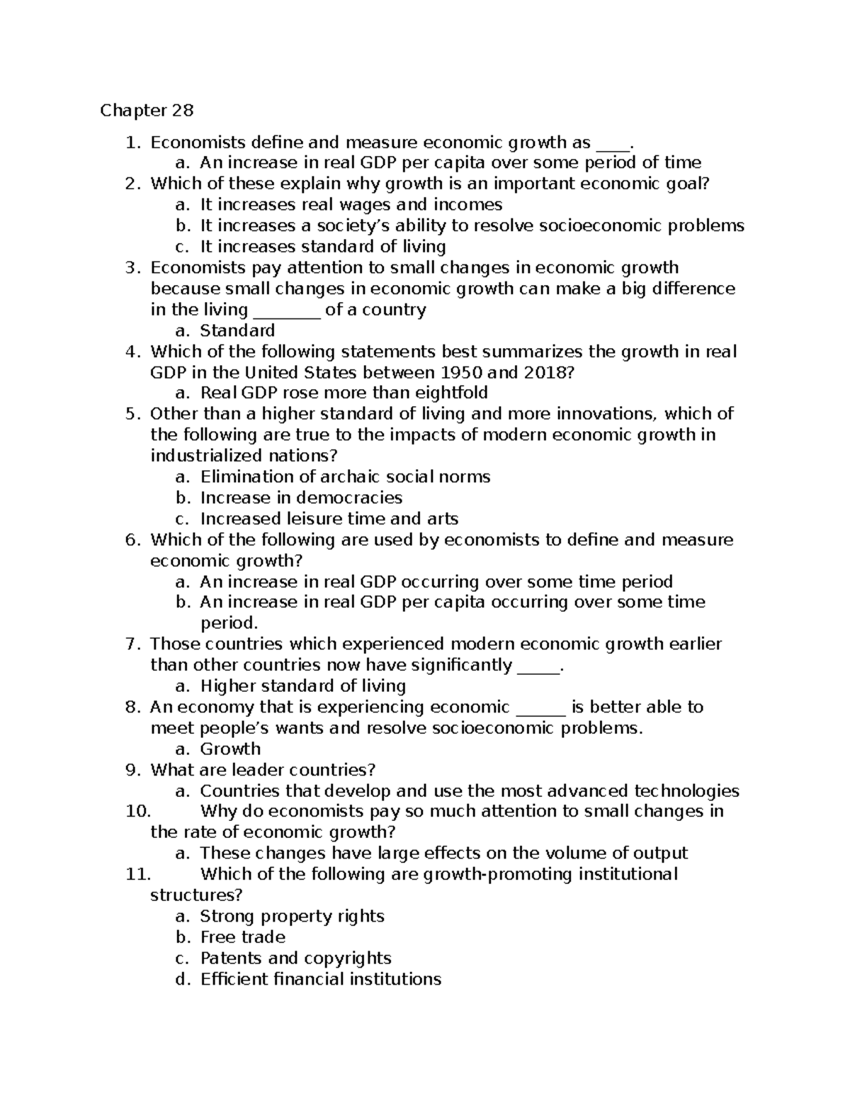 Chapter 28 Homework - Chapter 28 Economists define and measure economic ...