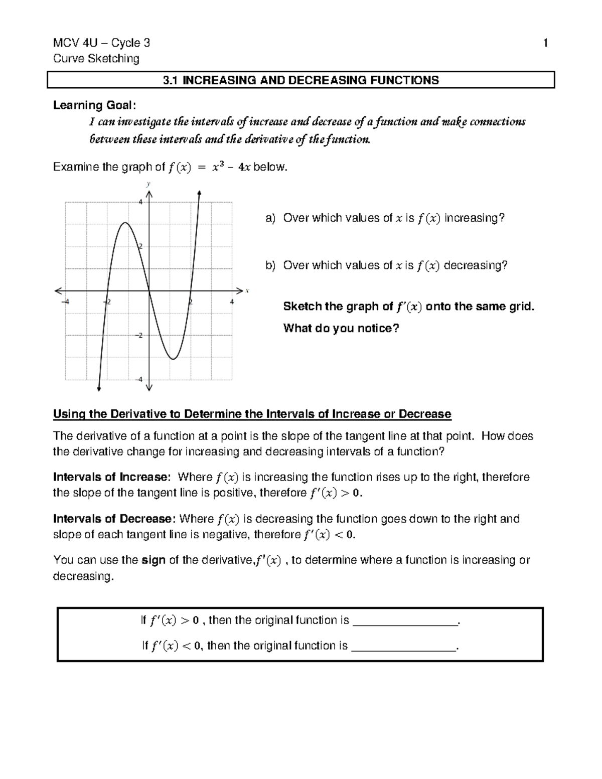 Cycle 3 Student Notes - Curve Sketching 3 INCREASING AND DECREASING ...