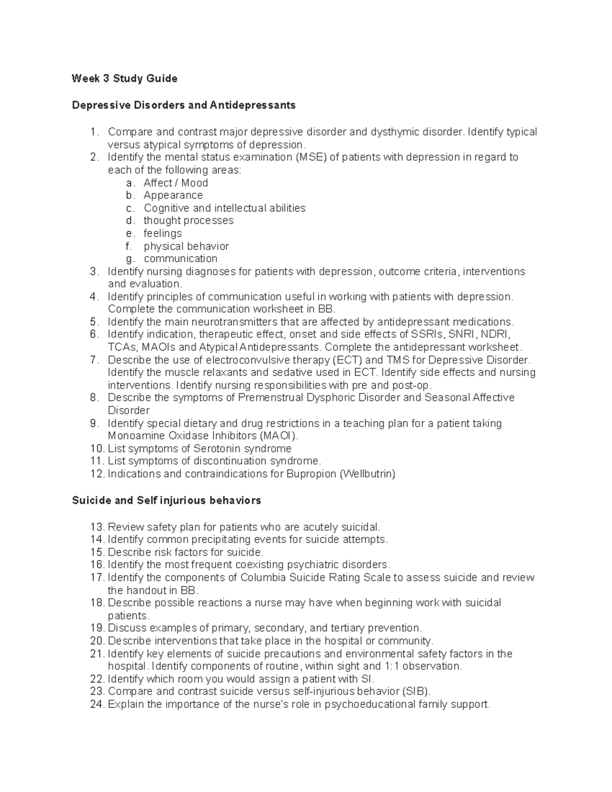 Week 3 Study Guide - Week 3 Study Guide Depressive Disorders and ...