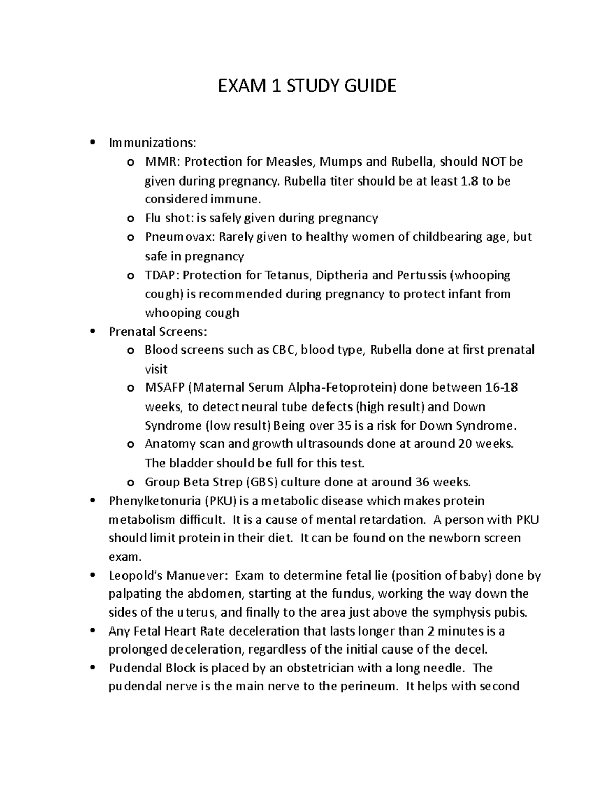 Exam 1 study guide - EXAM 1 STUDY GUIDE Immunizations: o MMR ...