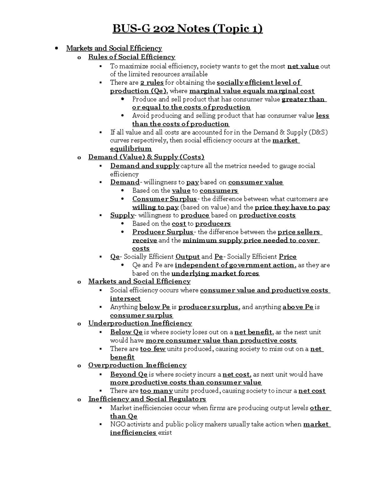 BUS-G 202 Notes 4 - BUS-G 202 Notes (Topic 1) Markets and Social ...