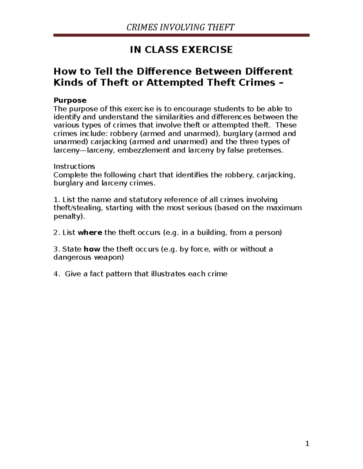 Criminal law larceny crimes - CRIMES INVOLVING THEFT IN CLASS EXERCISE ...