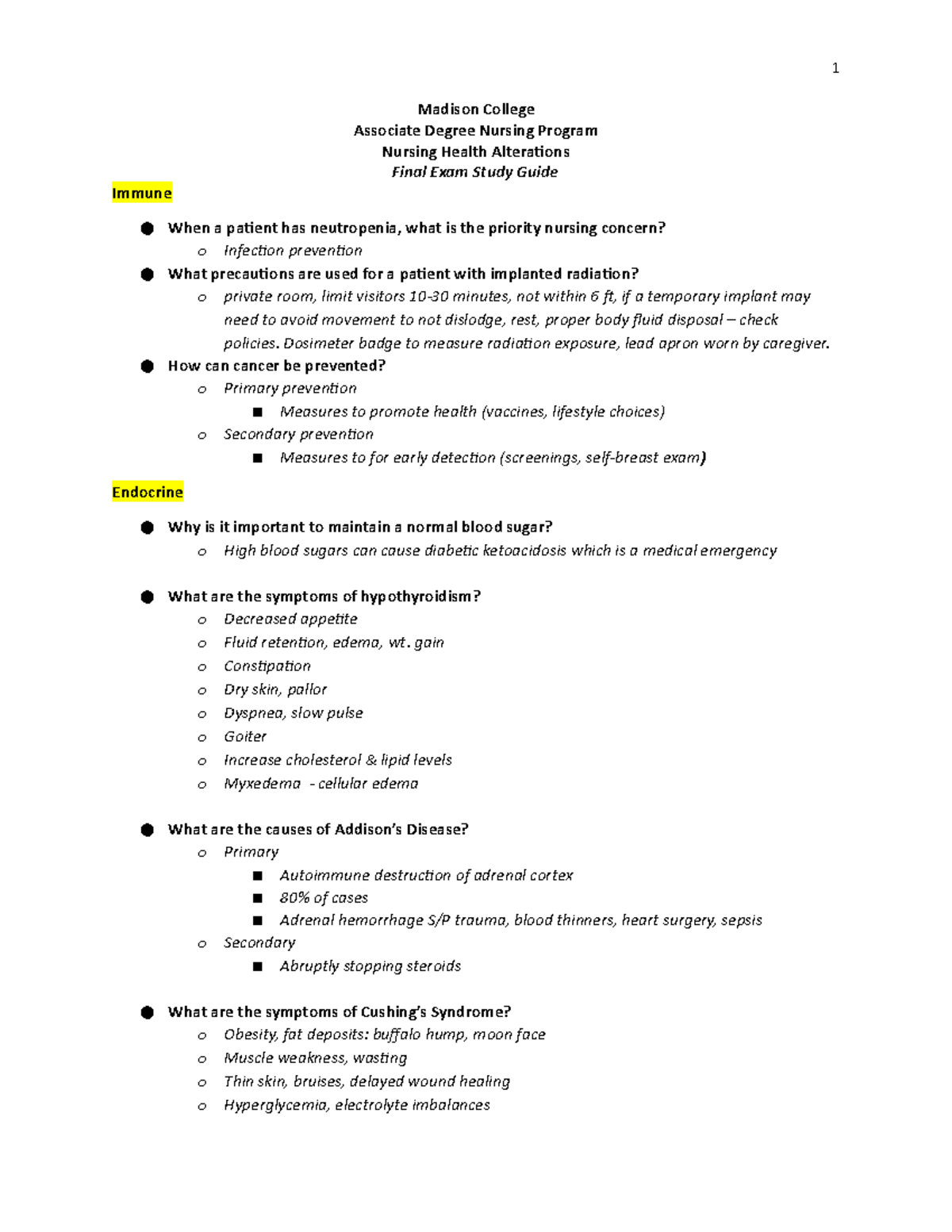 Final exam Study Guide Nursing Health Alterations - Madison College ...