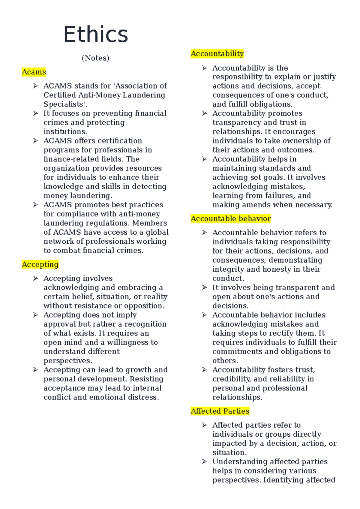 Ethics-Notes - HOPE IT HELPS. - Ethics (Notes) Acams ACAMS stands for ...