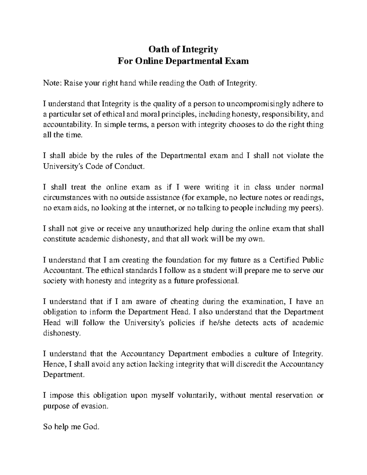 Oath-of-Integrity - Oath of Integrity For Online Departmental Exam Note ...