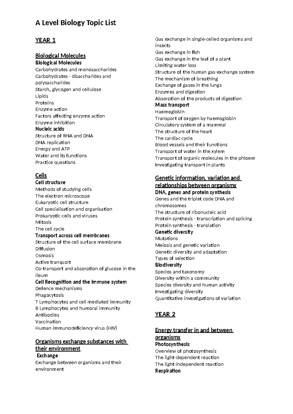 A level Biology topic list - A Level Biology Topic List YEAR 1 ...