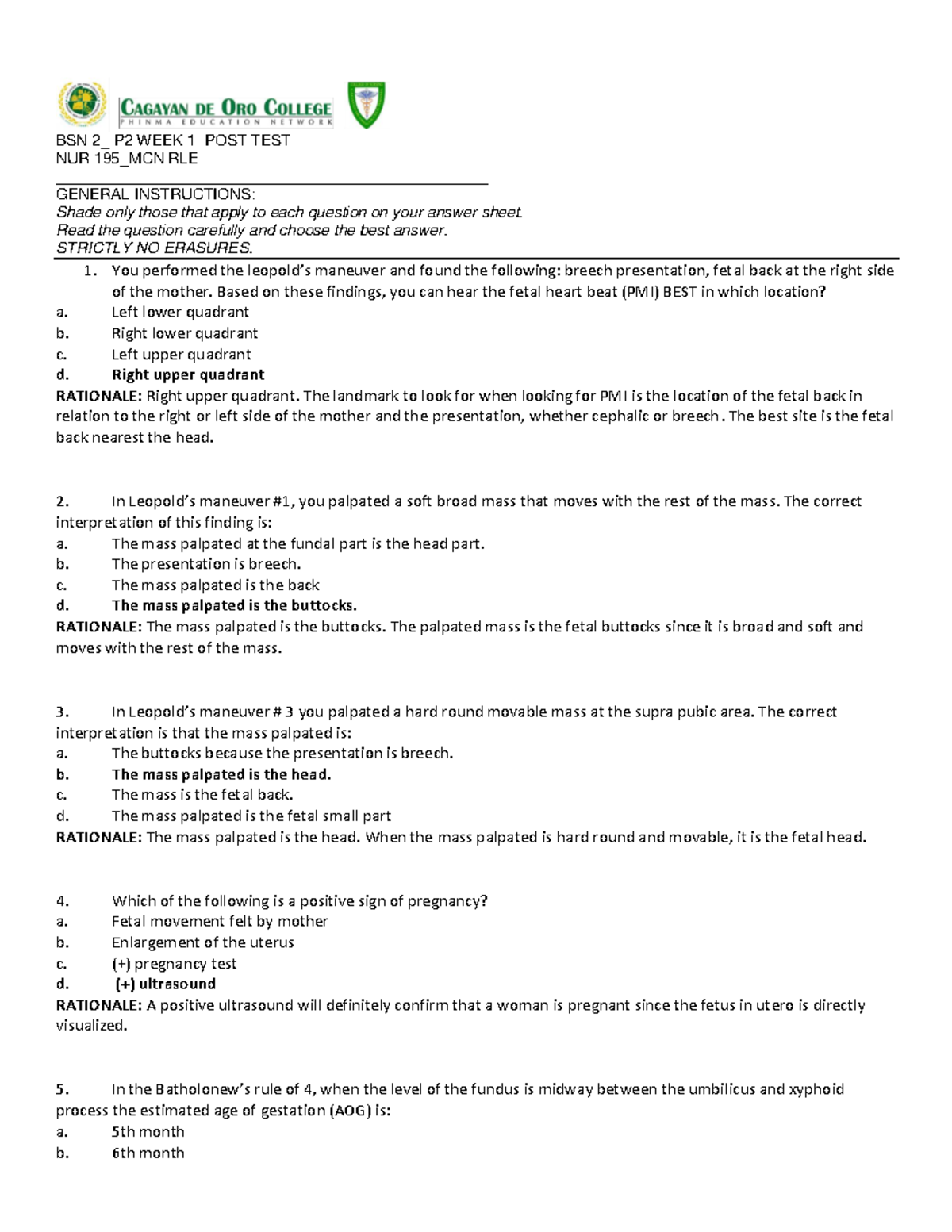 P2 NUR195 LEC - Post test - BSN 2_ P2 WEEK 1 POST TEST NUR 195_MCN RLE ...