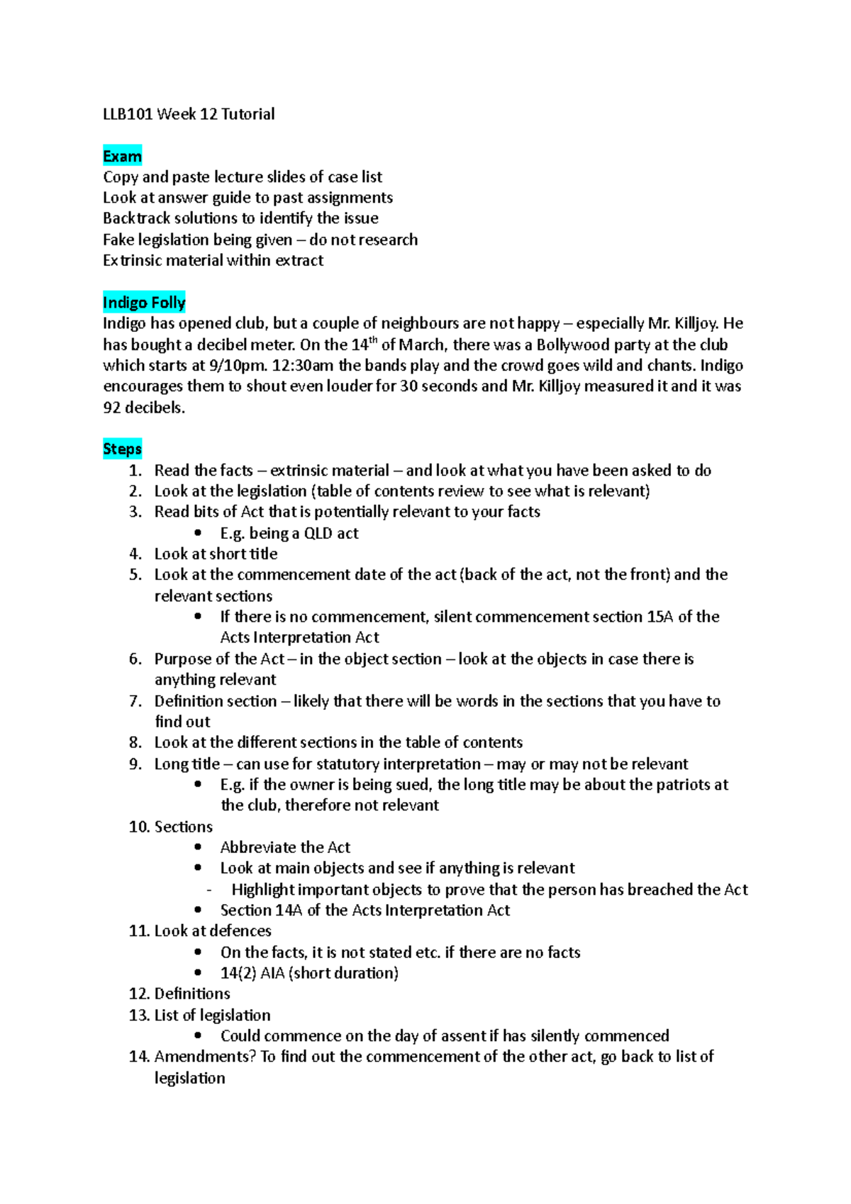 LLB101 W12 Tutorial - tute questions - LLB101 Week 12 Tutorial Exam Copy and paste lecture ...