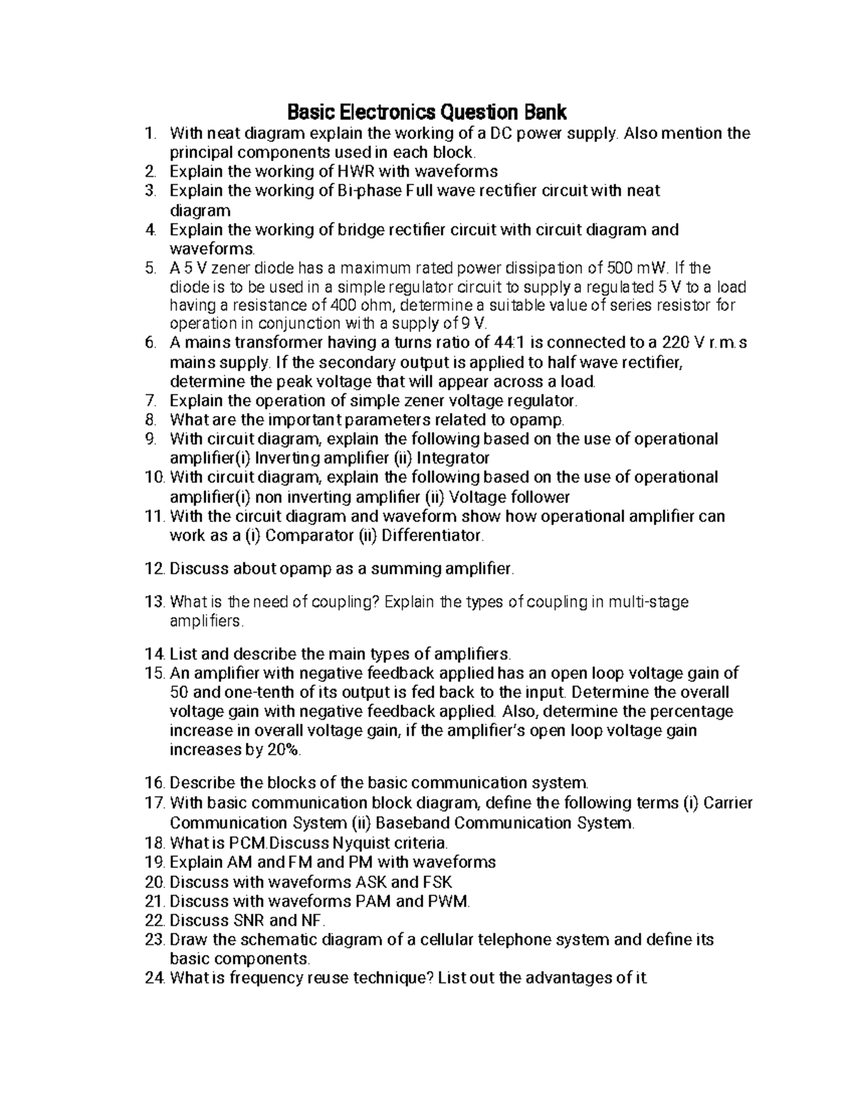 Basic Electronics Question Bank - Withneatdiagram ...