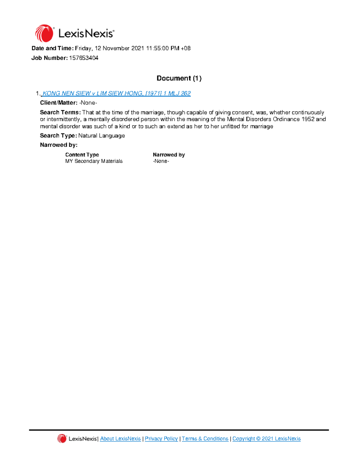 KONG NEN SIEW v LIM SIEW HONG, [1971] 1 MLJ 262 - Civil Family Law ...