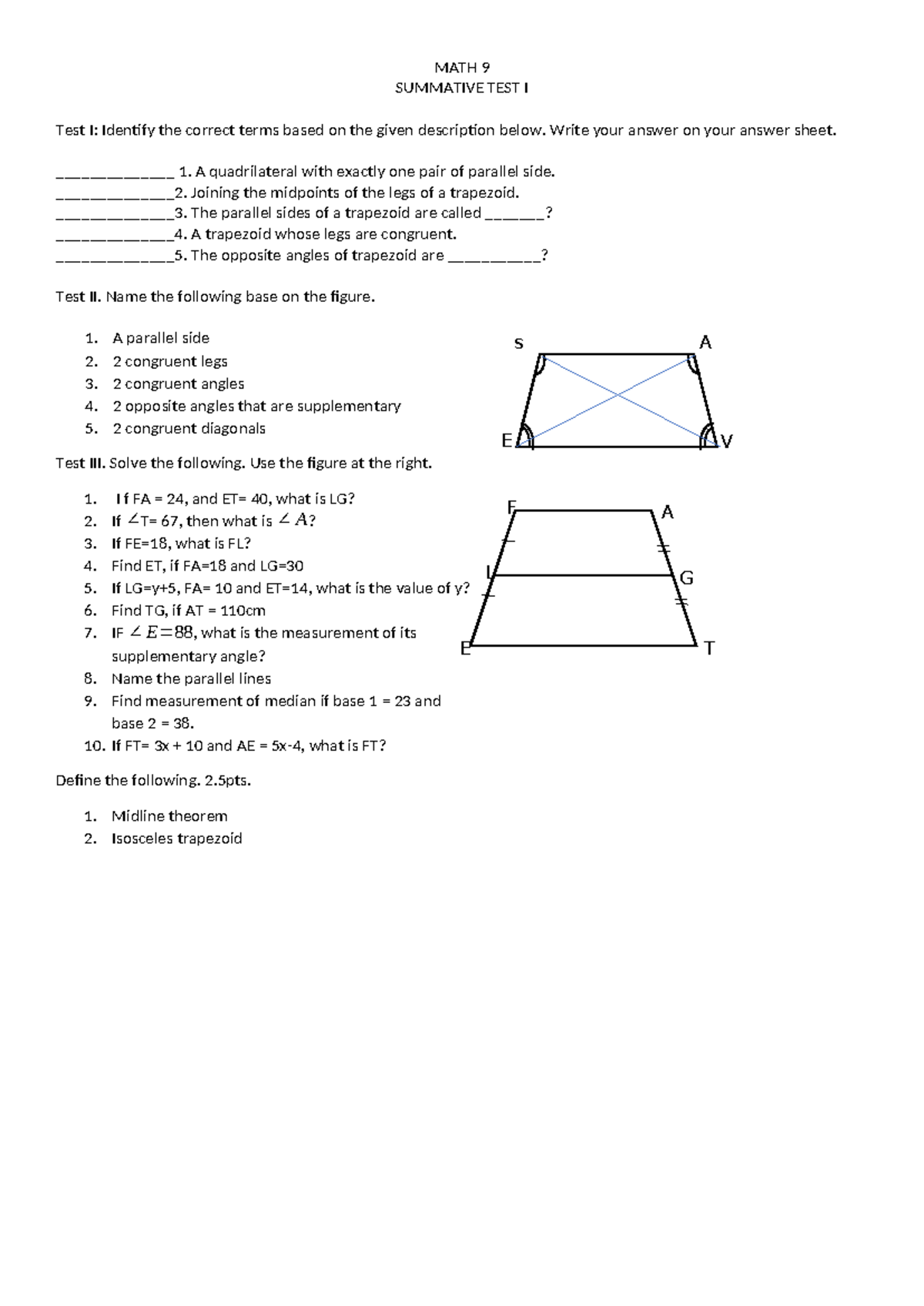 Math 9 summative 1 q3 - MATH 9 SUMMATIVE TEST I Test I: Identify the ...
