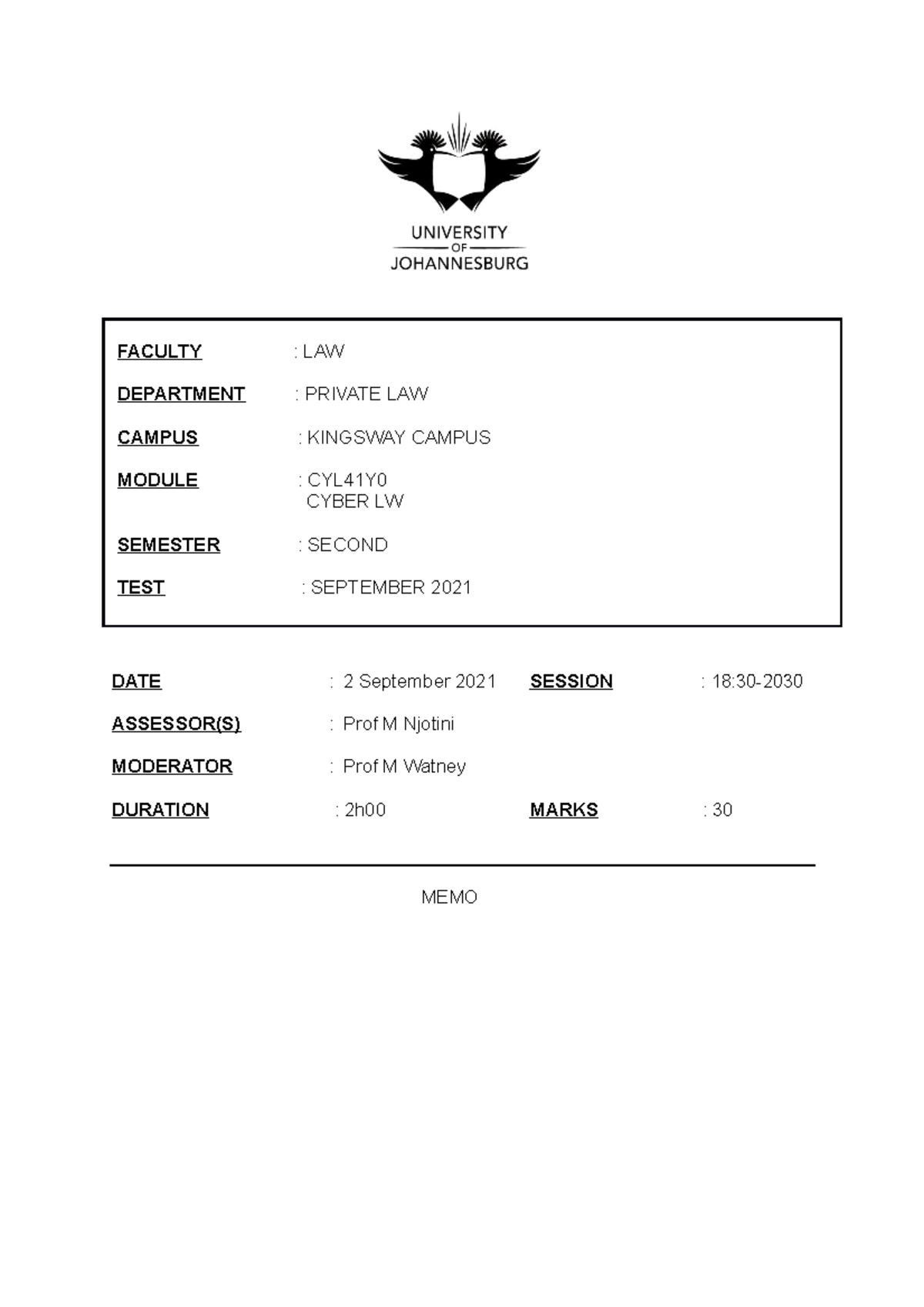 Memo - TEST 1 Cyber Law copy - CML1501 - UJ - Studocu