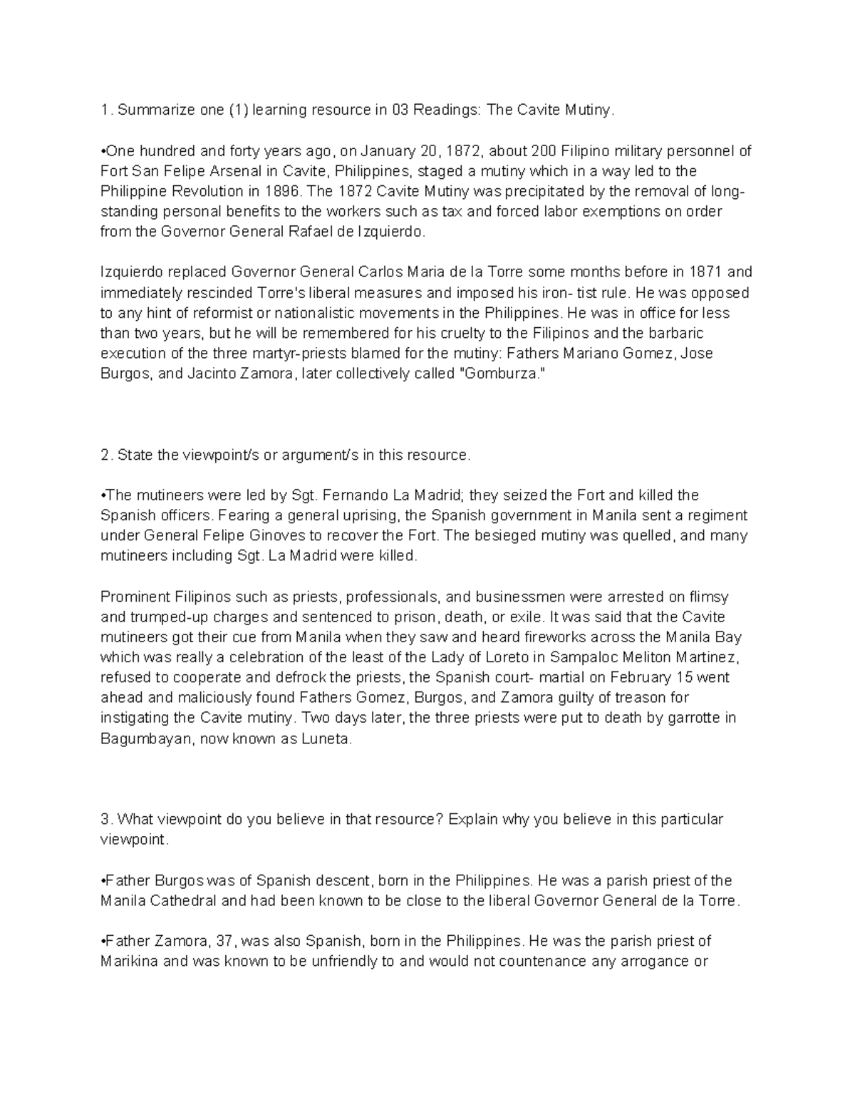03 The Cavite Mutiny - Read - Summarize one (1) learning resource in 03 Readings: The Cavite ...