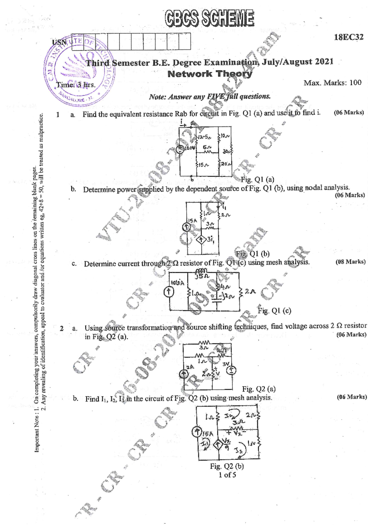 VTU Question Paper of 18EC32 Network Theory Aug-2021 - CBCS SCHEME USN ...