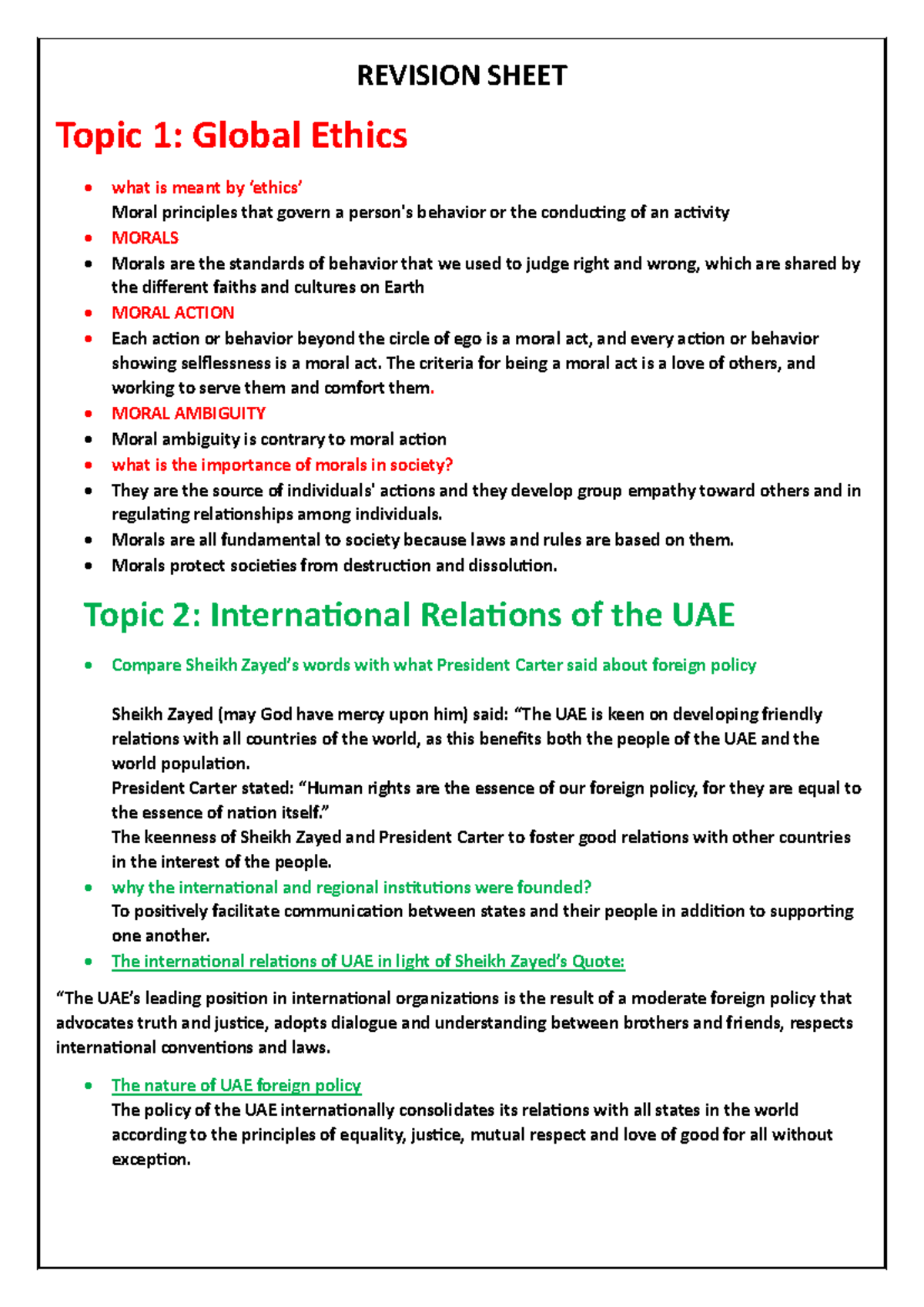 Revision Sheet OCT 2023 - REVISION SHEET Topic 1 : Global Ethics what ...