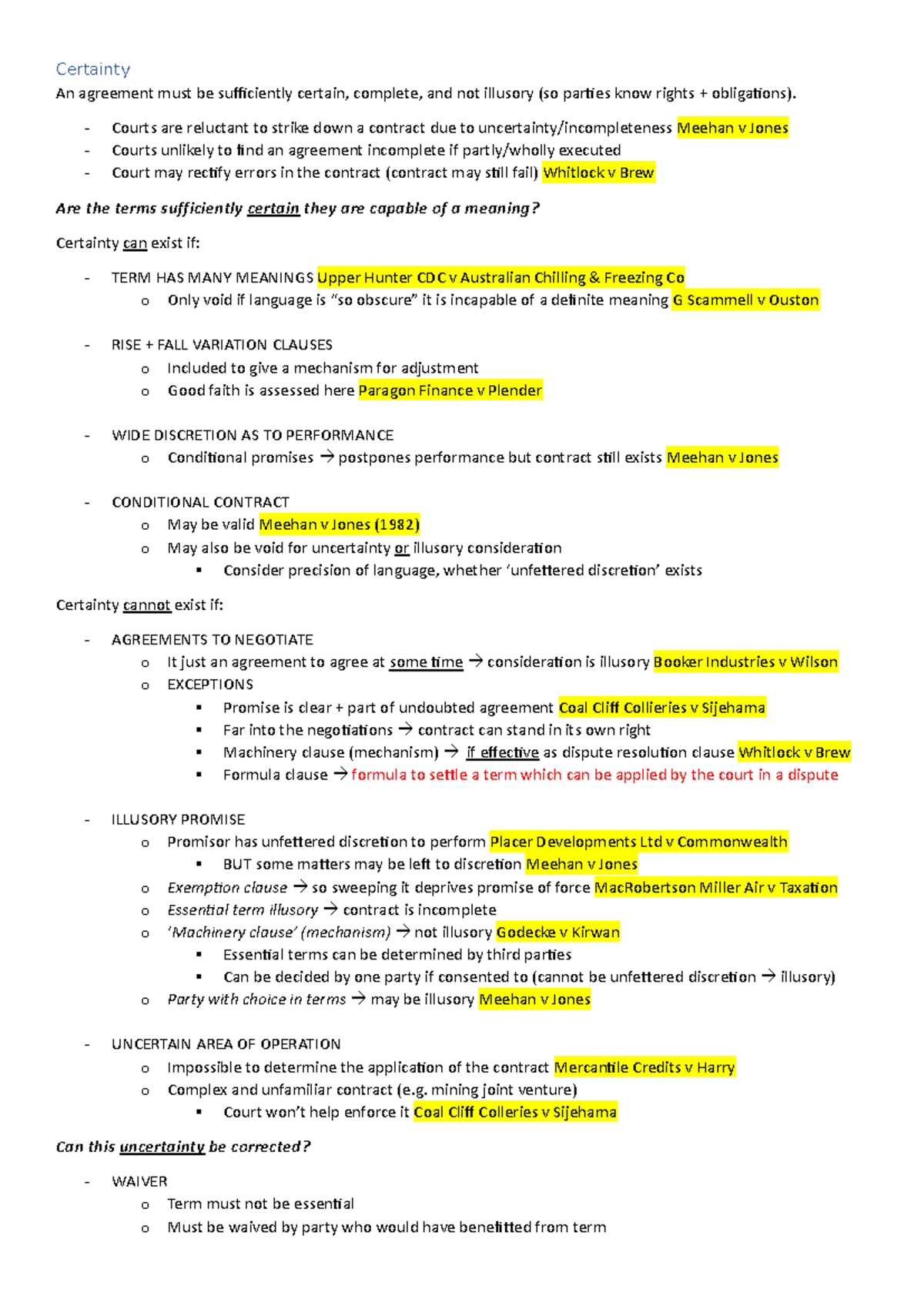 LAWS1015 Notes (Topic 3) - Certainty An agreement must be sufficiently ...