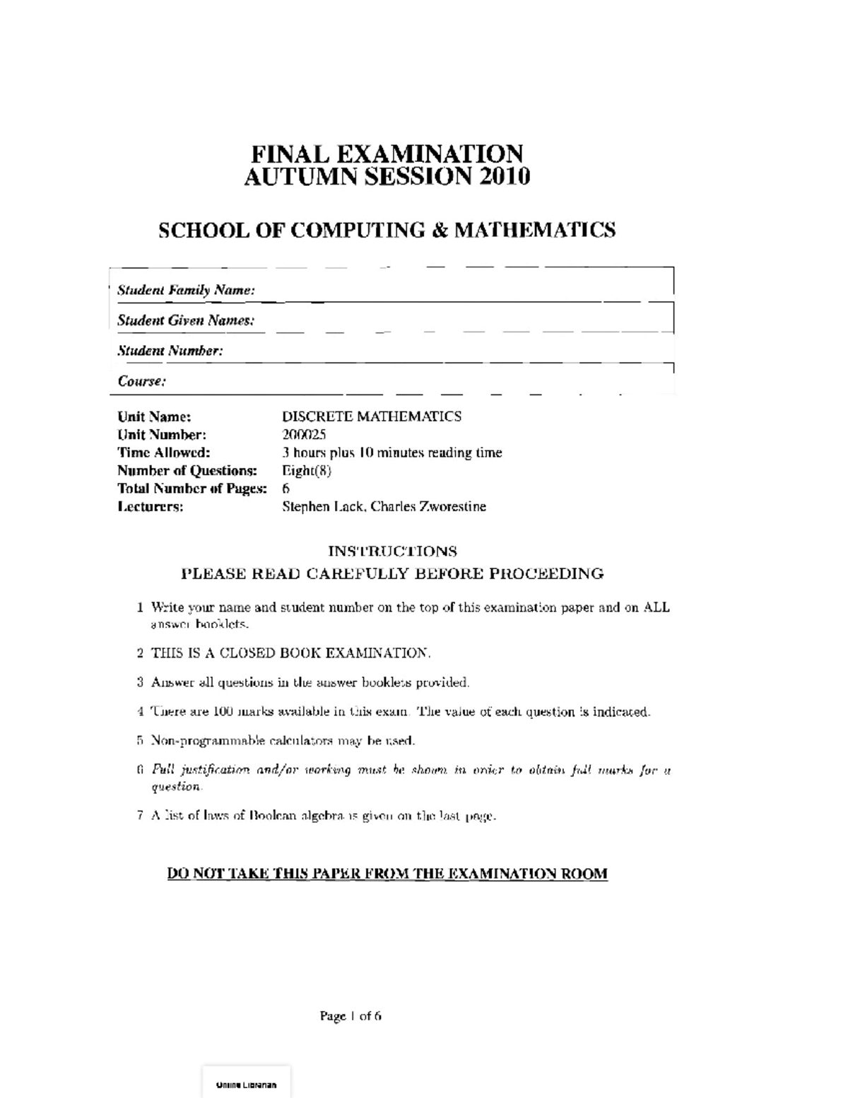 Math1006-2010 exam - Math1006-2010 exam - 200025 - Studocu