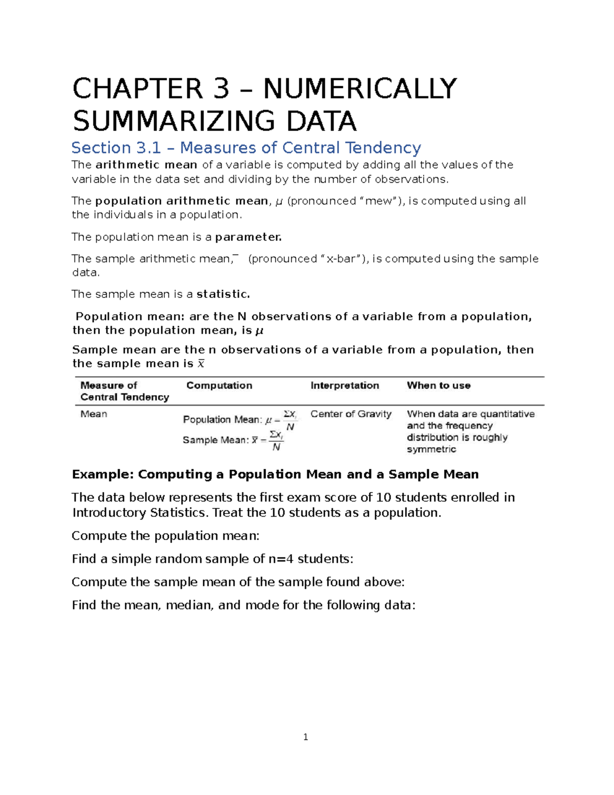 MATH200 Chapter 3 notes - CHAPTER 3 – NUMERICALLY SUMMARIZING DATA ...