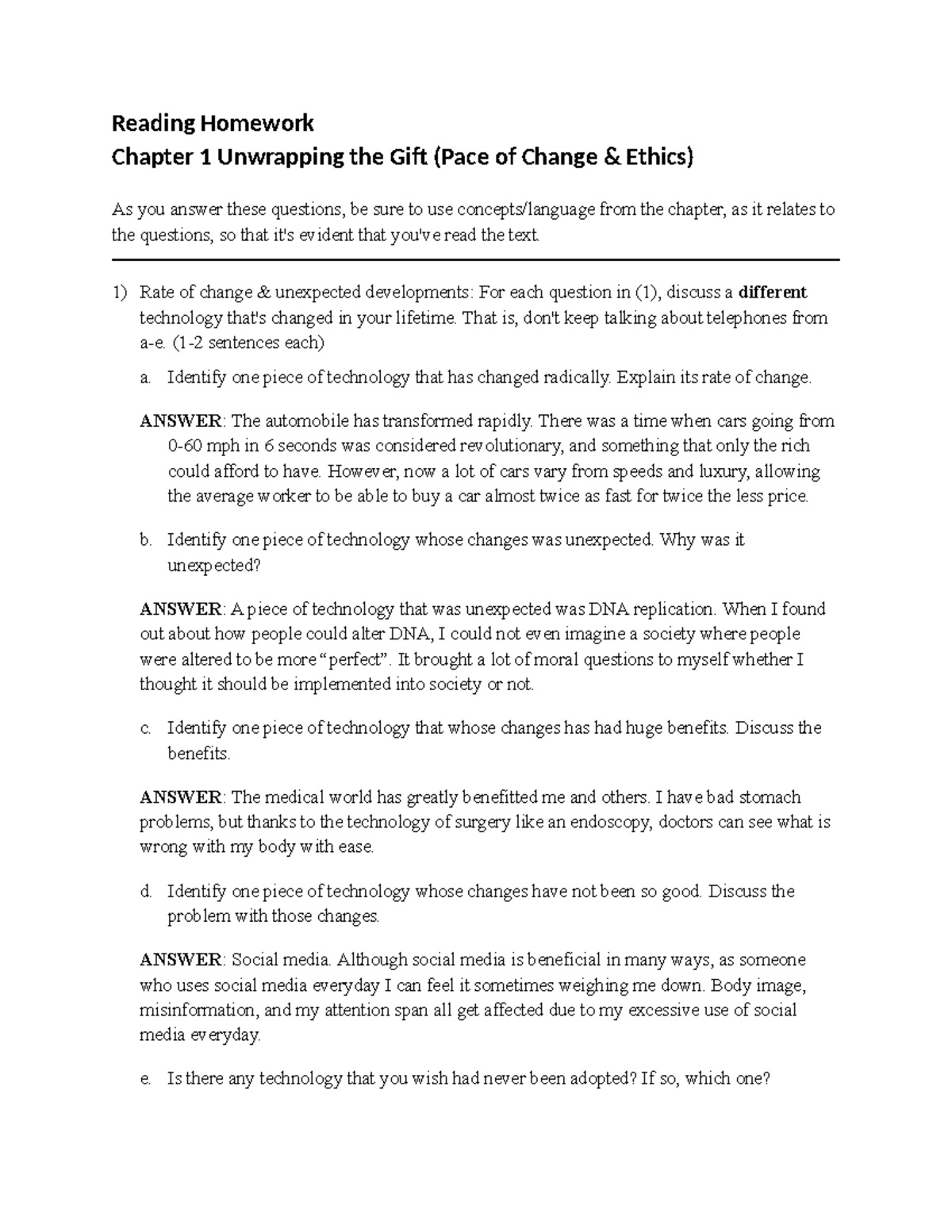 Ch 1 Change and Ethics Ed5 - Reading Homework Chapter 1 Unwrapping the ...