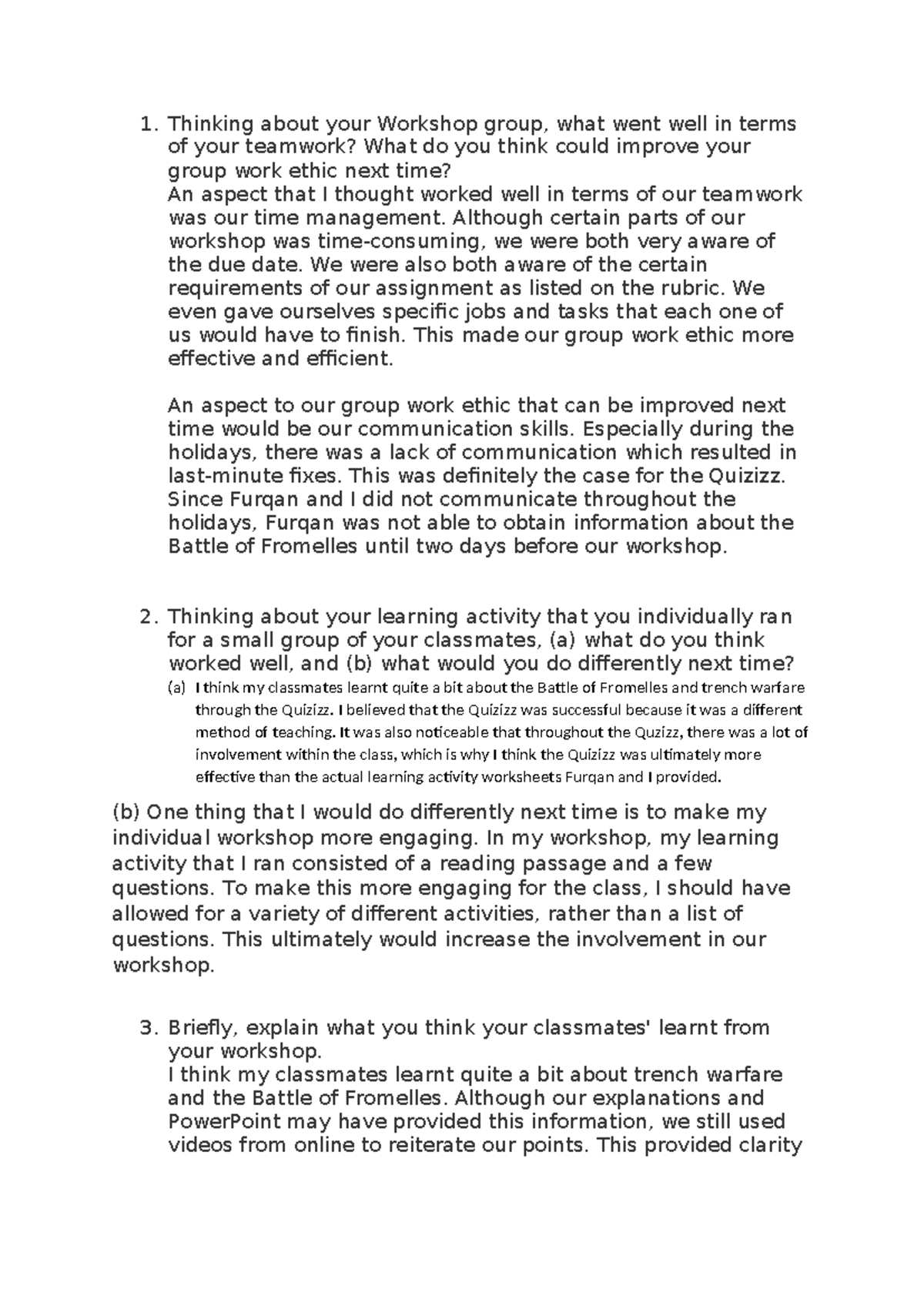 Workshop reflection - worksho pnotes - 1. Thinking about your Workshop ...