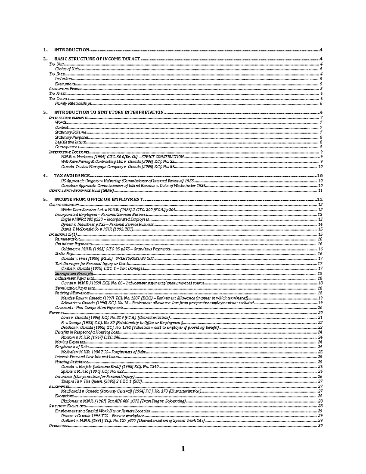 Duff Law 220 - Taxation I Fall 2010 Liam Bath - 1. - Studocu