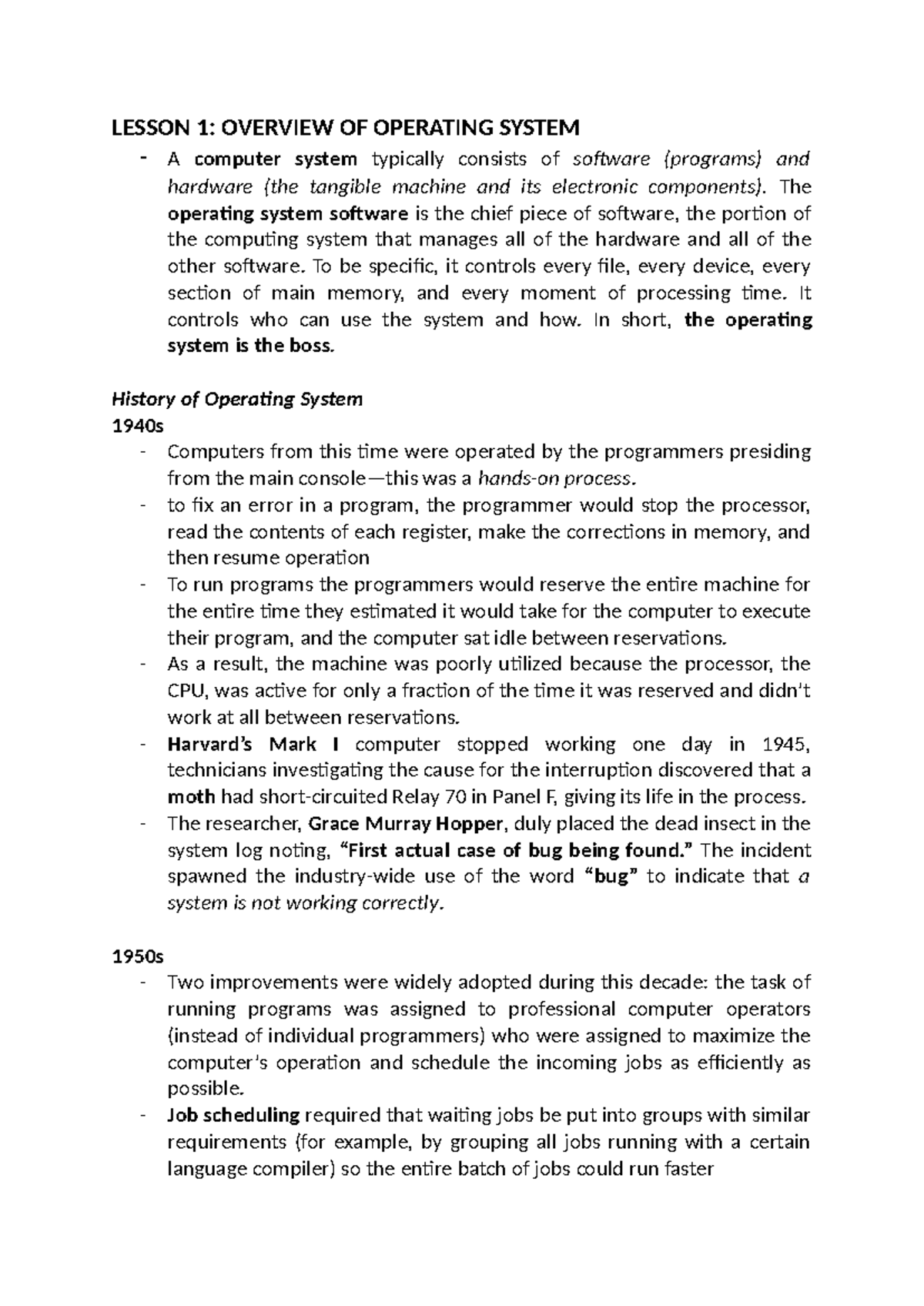 Applied-OS- Reviewer - LESSON 1: OVERVIEW OF OPERATING SYSTEM - A computer system typically ...