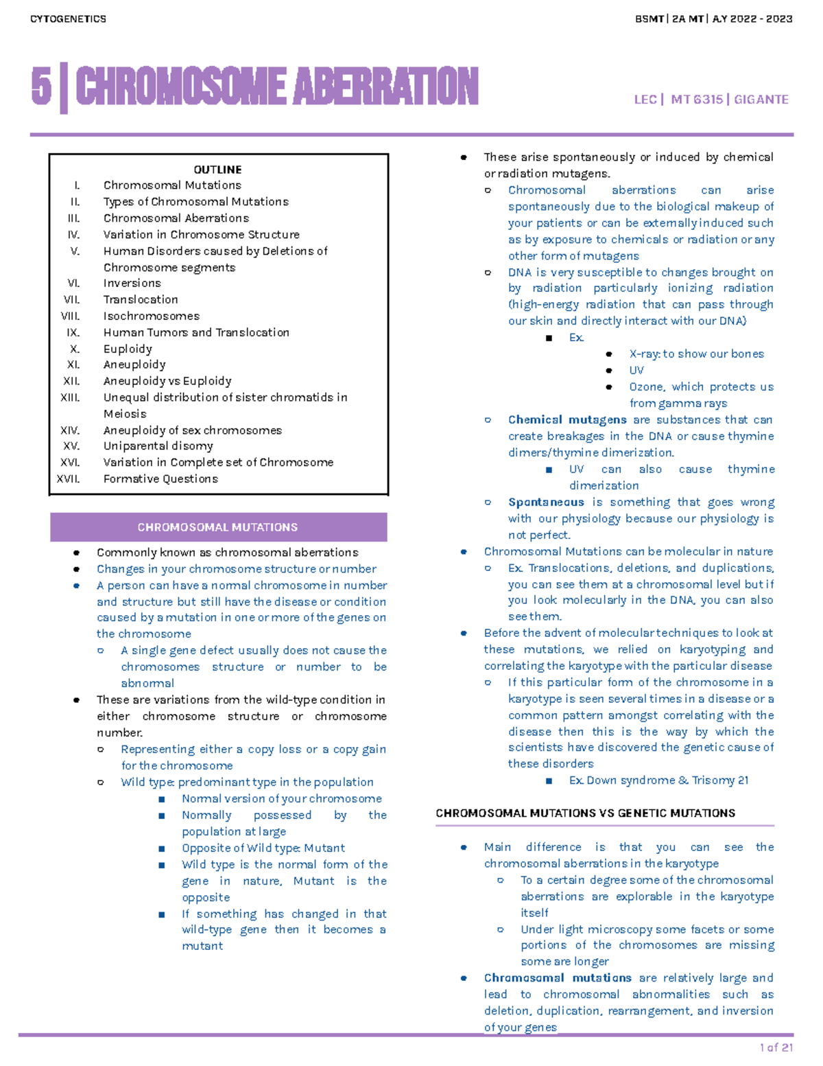 MT 6315 5 Chromosome Aberration 1 - 5|CHROMOSOME ABERRATION LEC | MT 6315 | GIGANTE OUTLINE I ...