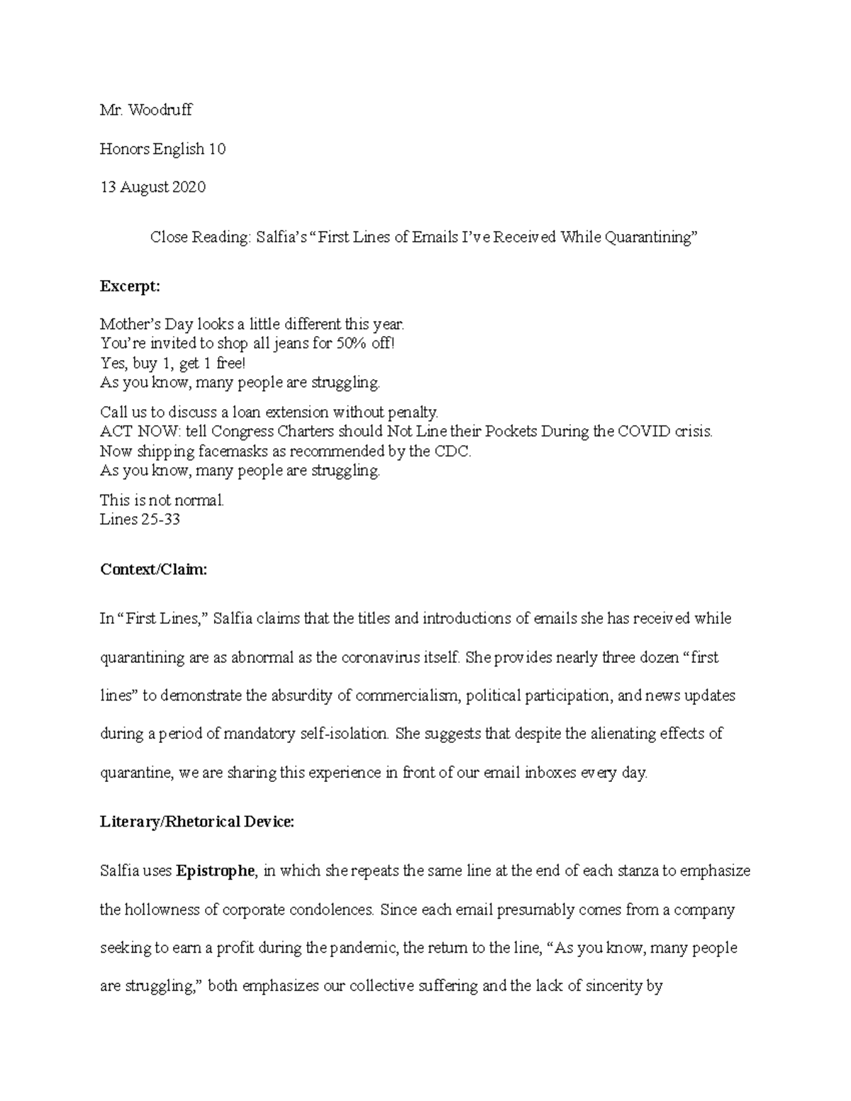 Example Honors 10 Close+Reading - Mr. Woodruff Honors English 10 13 ...