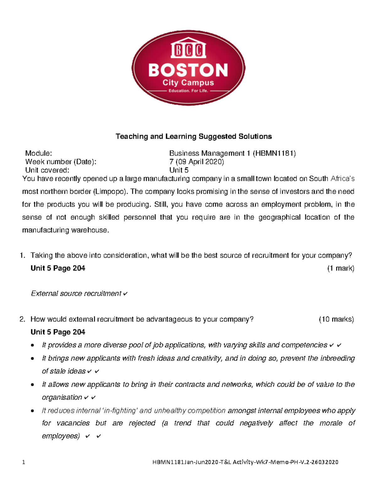HBMN1181Jan-Jun2020-T&L Activity-Wk7-Memo-PH-V - Module: Business ...