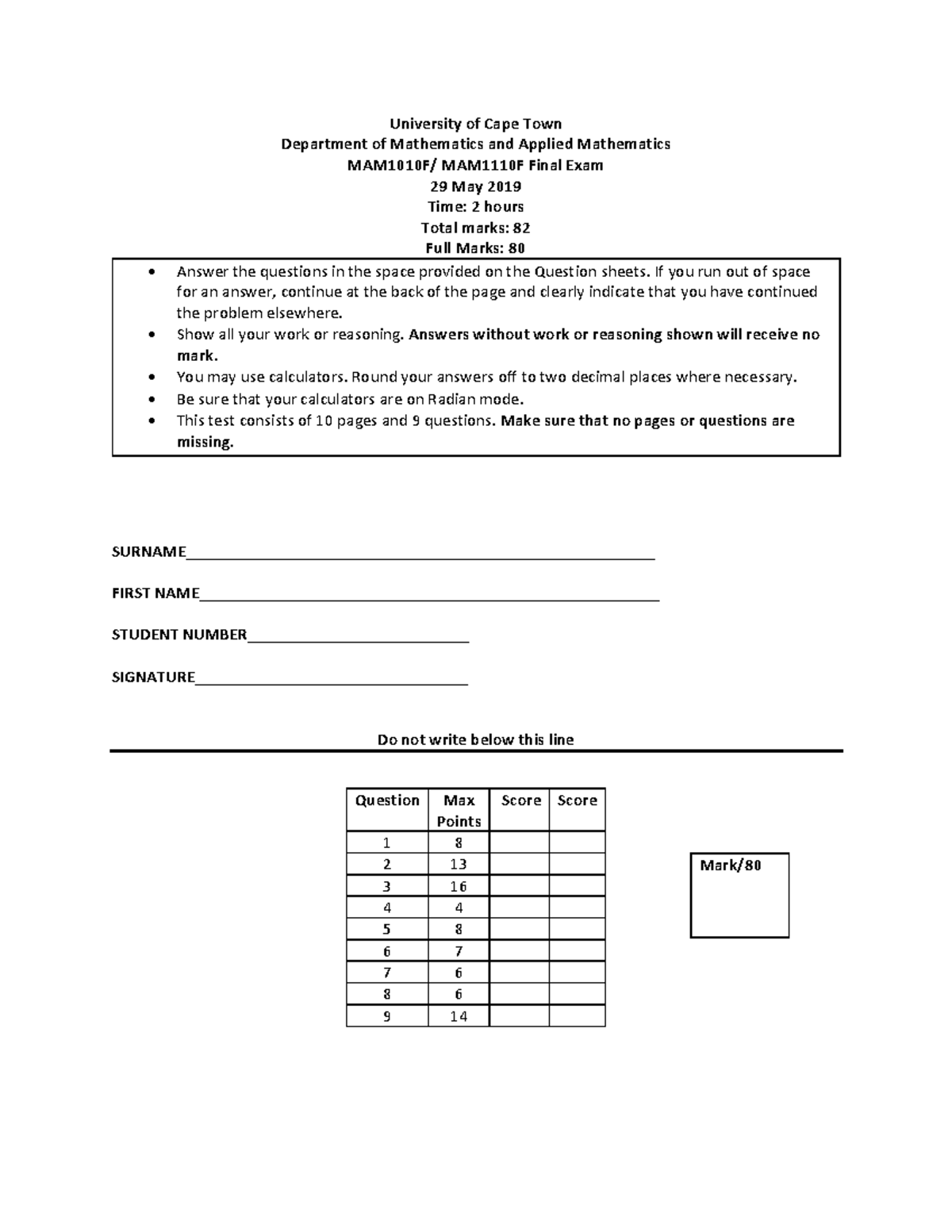 MAM1010F June Exam 2019 1 - MAM1010F - UCT - Studocu
