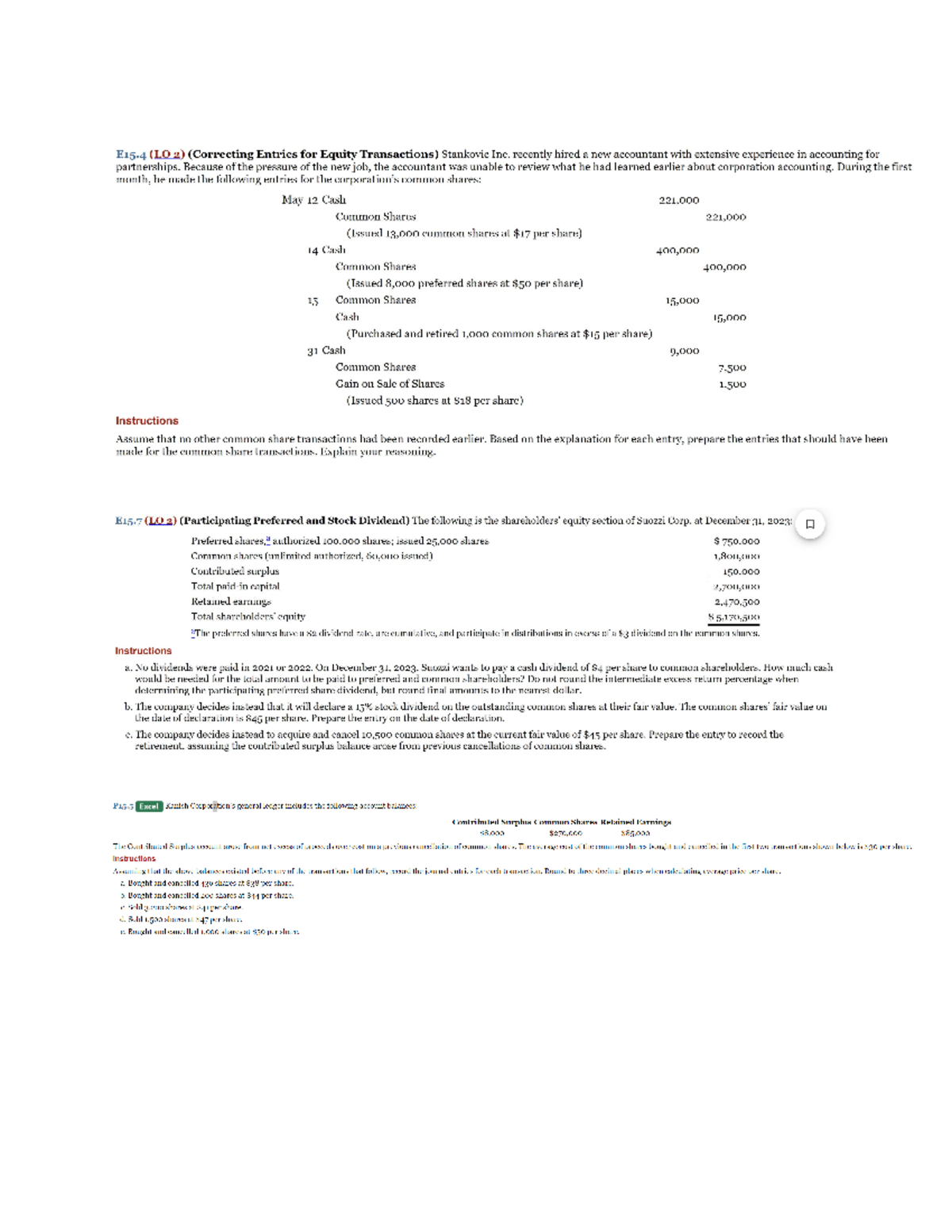 Chapter 15 assigned problems - E15 (LO 2) (Correcting Entries for Equity Transactions) Stankovic ...