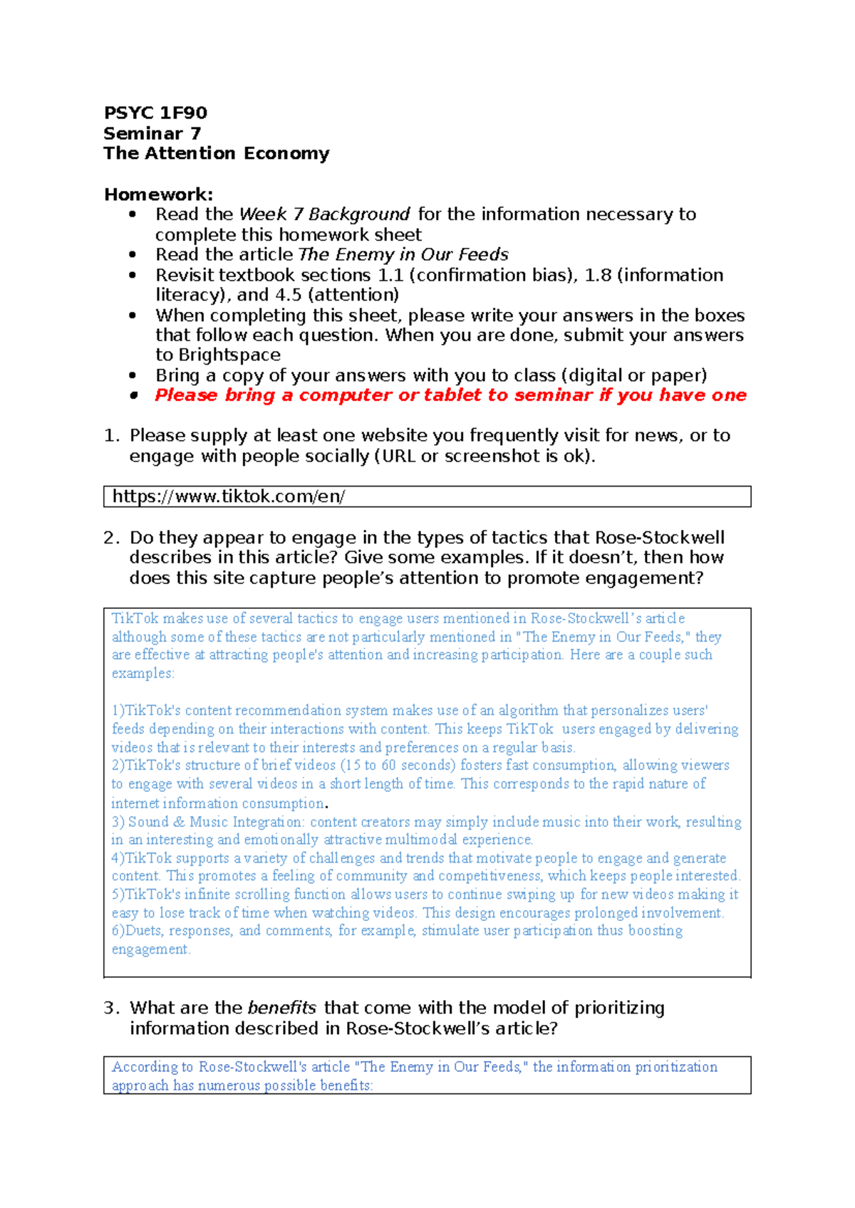Attention economy homework sheet copy - PSYC 1F Seminar 7 The Attention ...