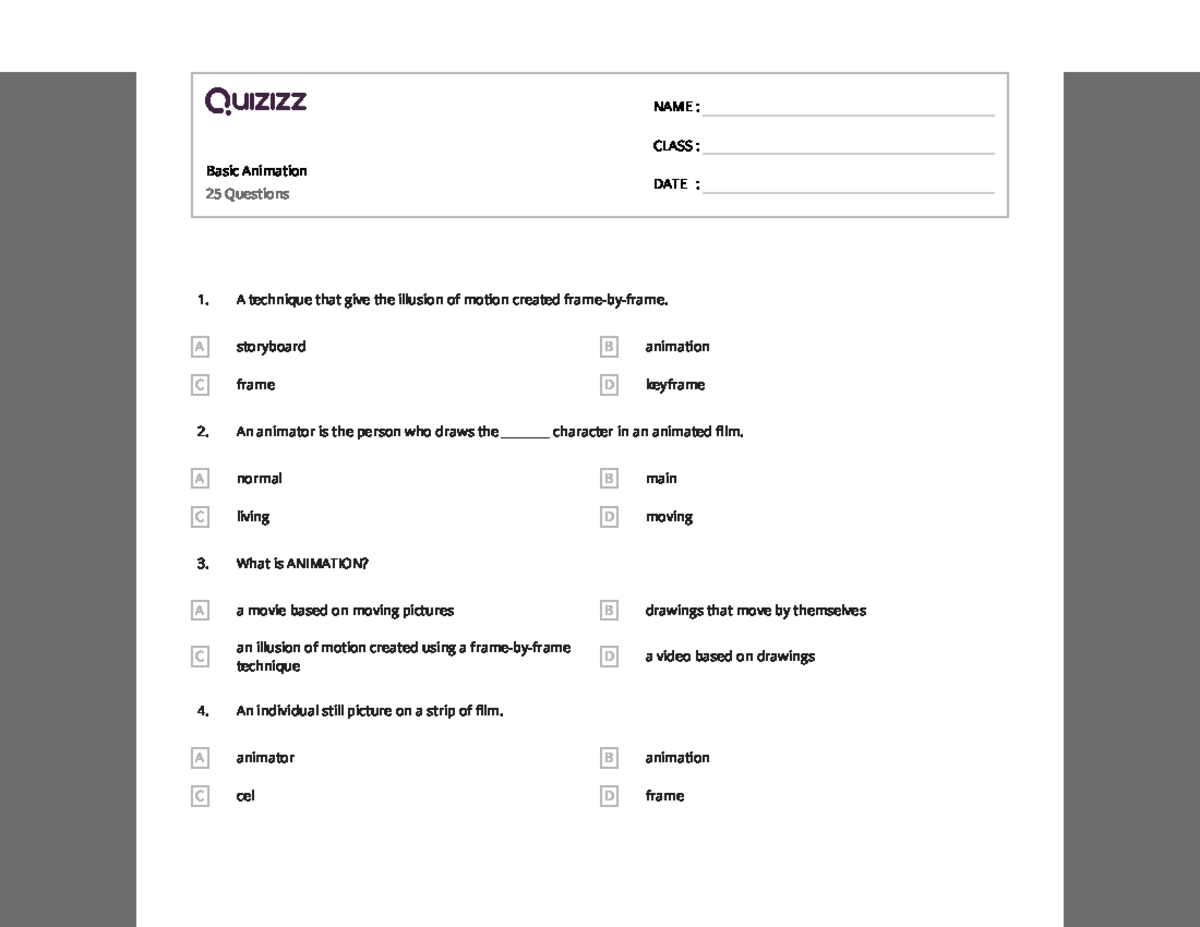 Basic Animation - notes - Basic Animation25 Questions NAME : CLASS ...