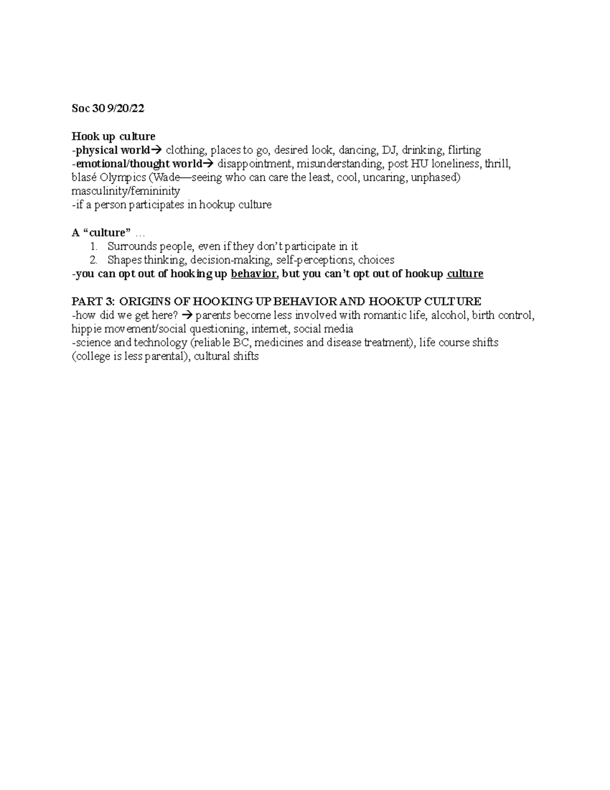 Soc 30 9:20:22 - soc 30 notes - Soc 30 9/20/ Hook up culture physical ...