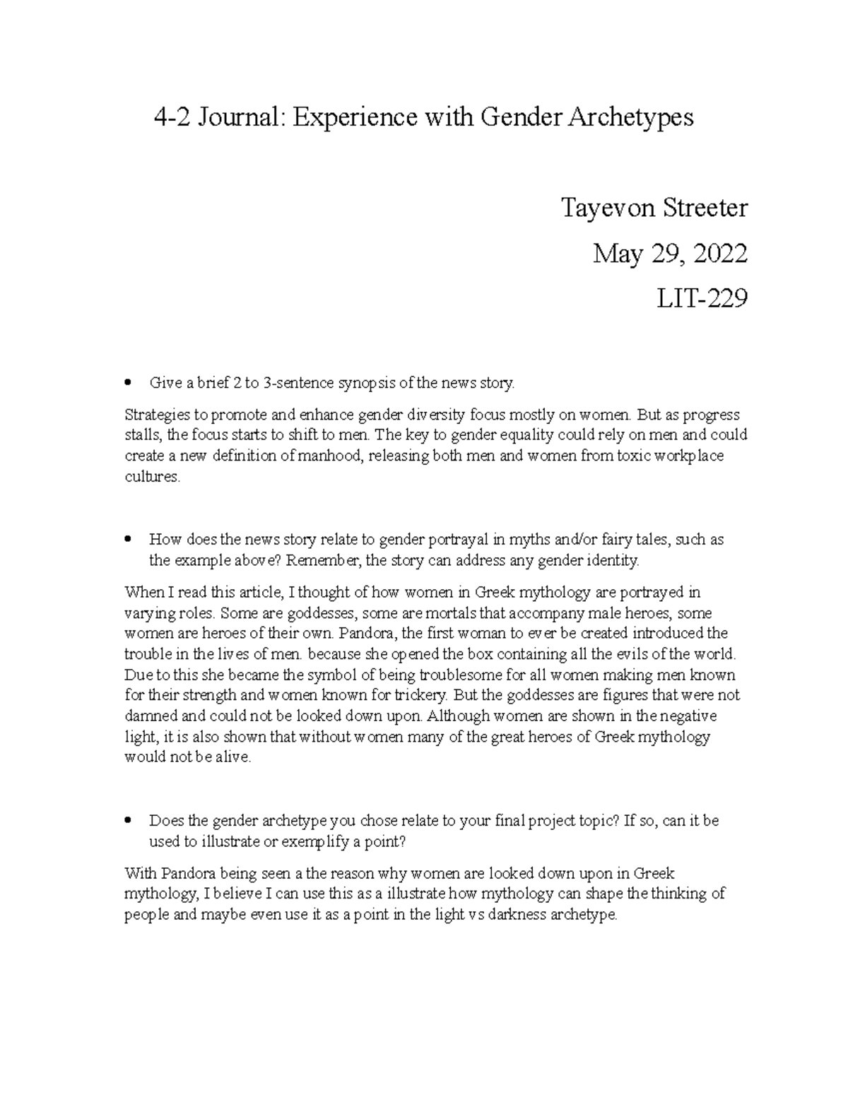 4-2 Journal - Copy - 4-2 Journal: Experience with Gender Archetypes ...