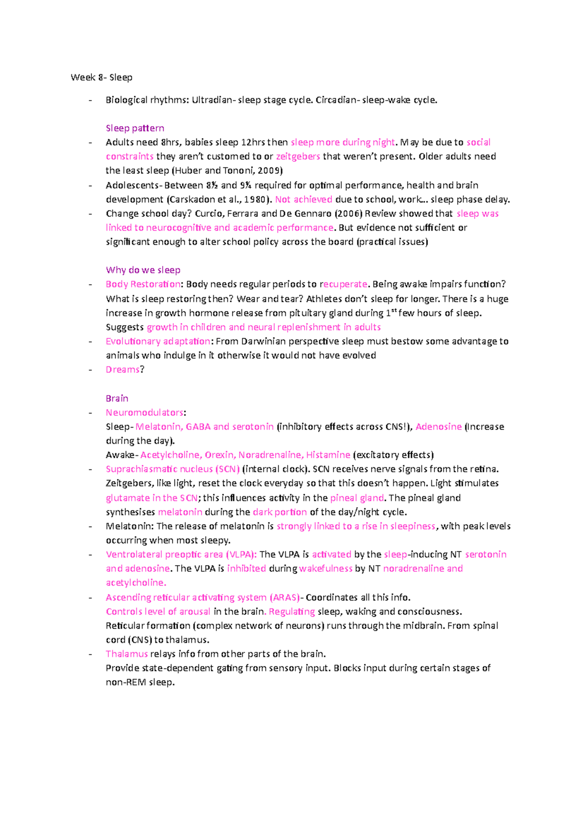 Week 8- Sleep - Lecture notes 8 - Week 8- Sleep Biological rhythms ...