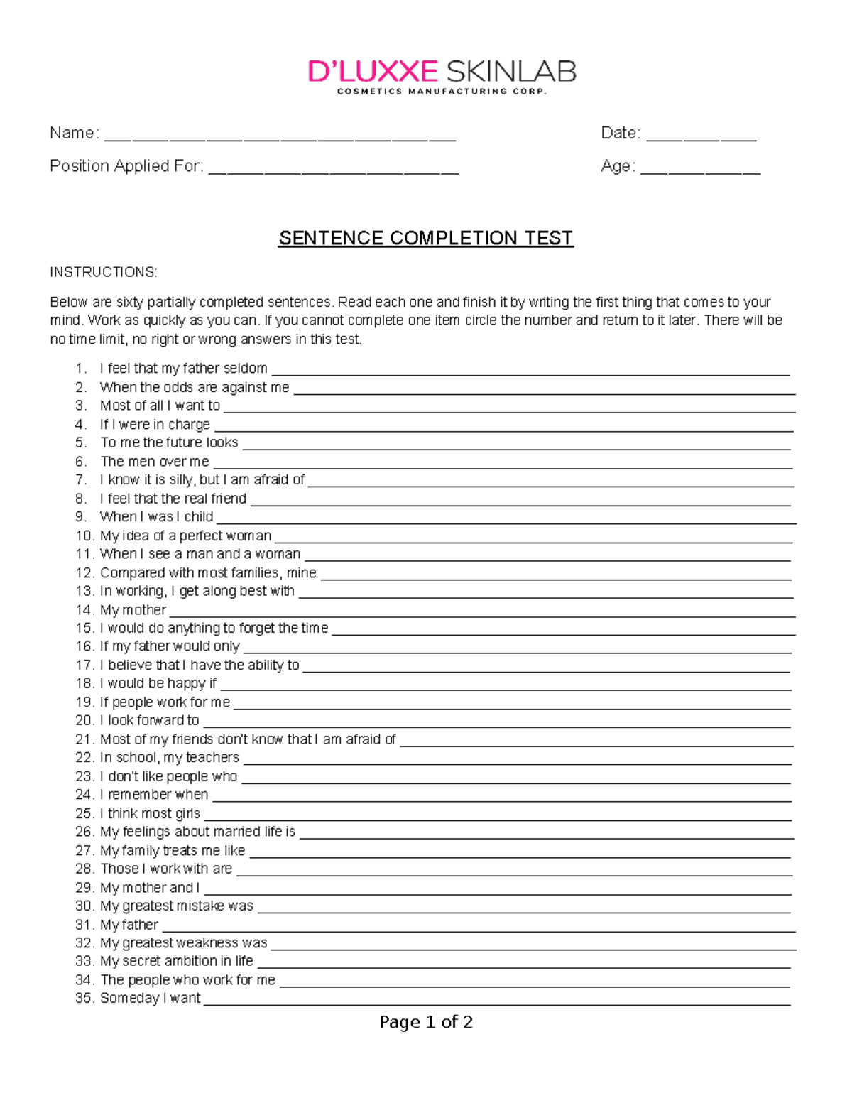 Completion TEST - Name: ______________________________________ Date ...