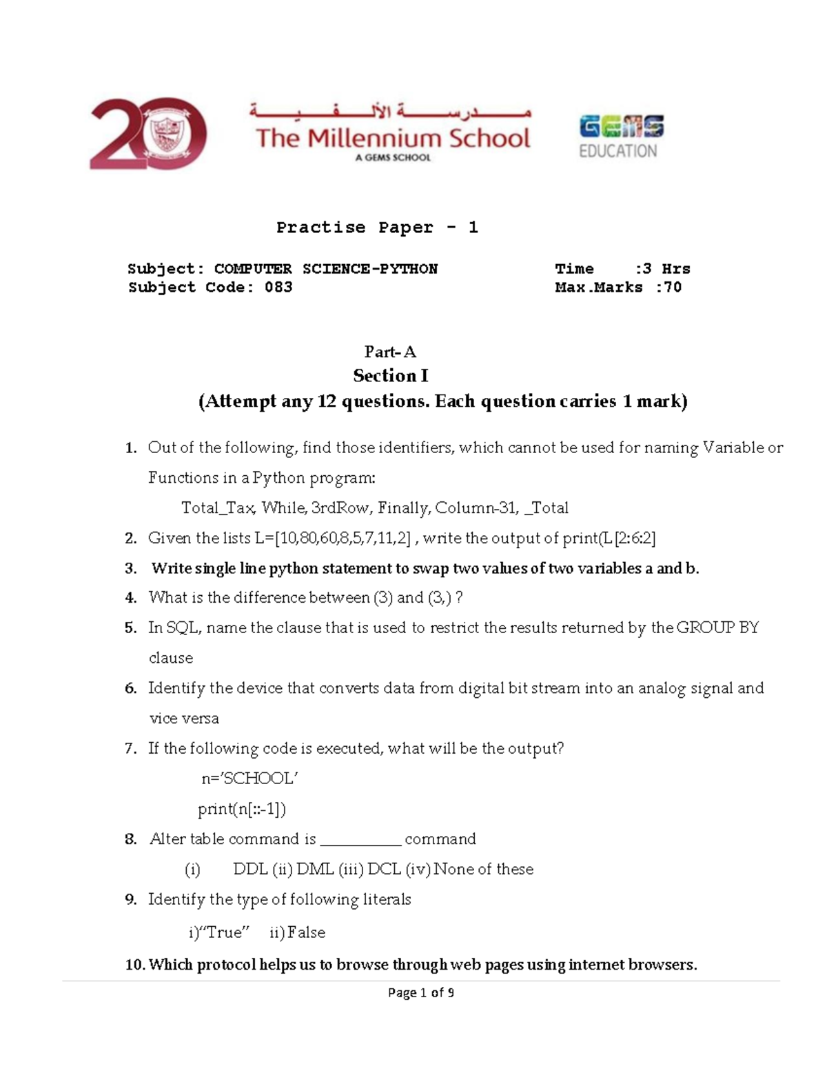 Grade 12 Computer Science - Practise Paper 1 - Page 1 of 9 Practise ...